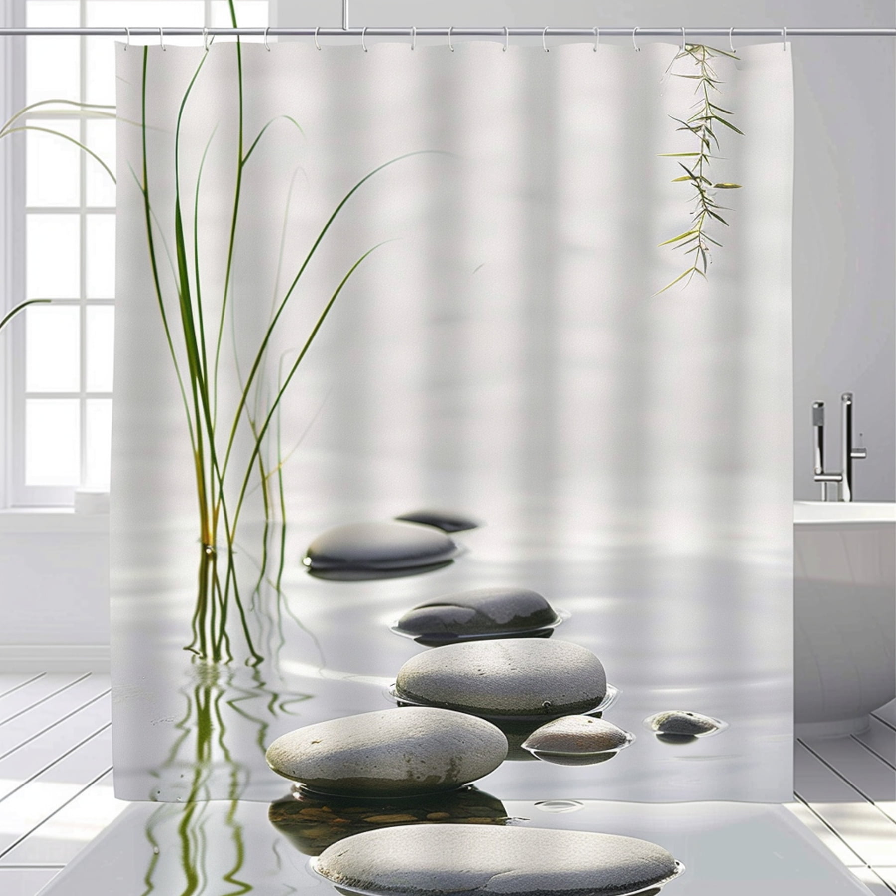 Zen Stone and Reed Waterfall Shower CurtainModern Style Bathroom DecorTranquil Zen Garden Theme ...