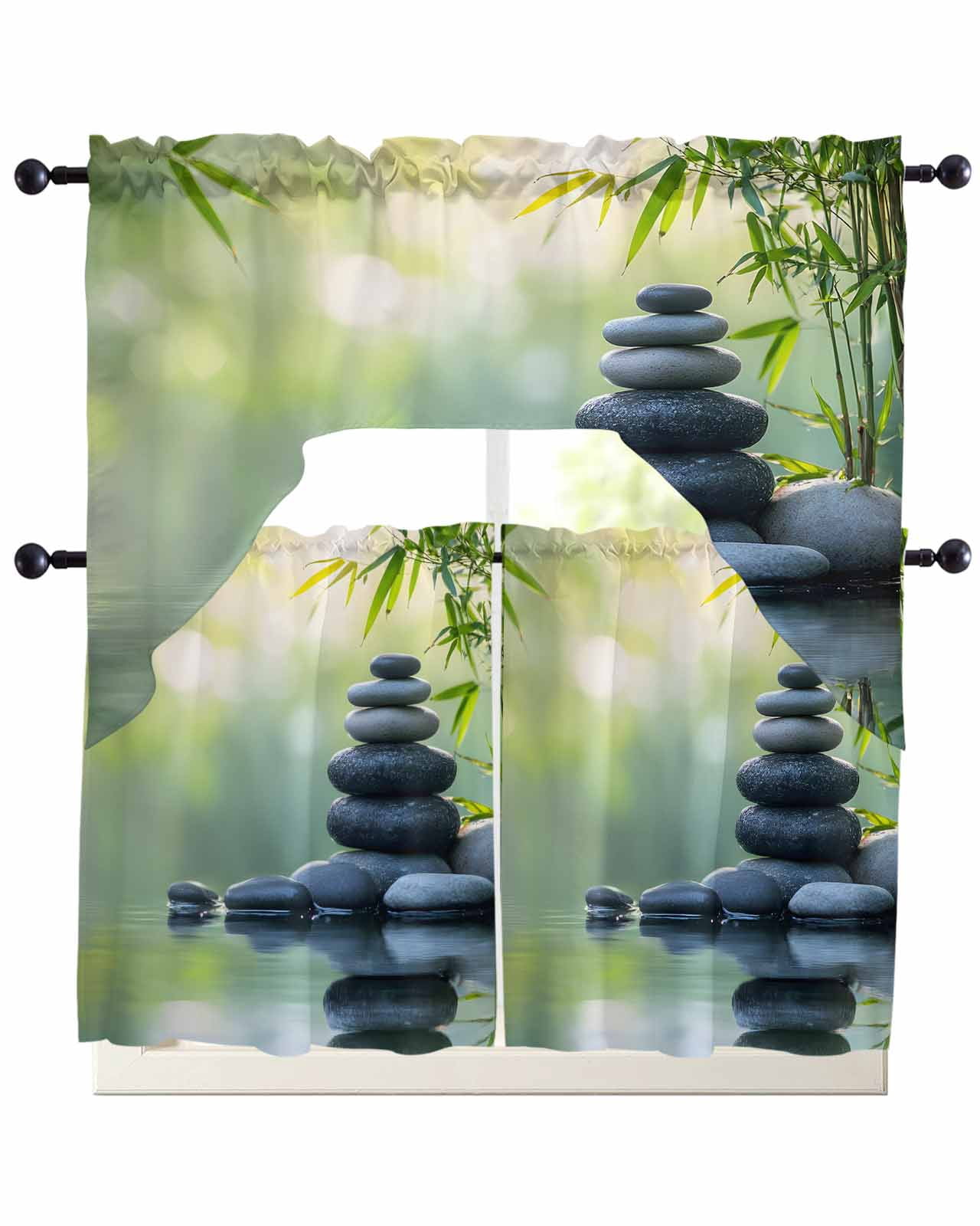 Zen Stones Kitchen Curtains Sets 24 Inch Length with Valance, Nature ...