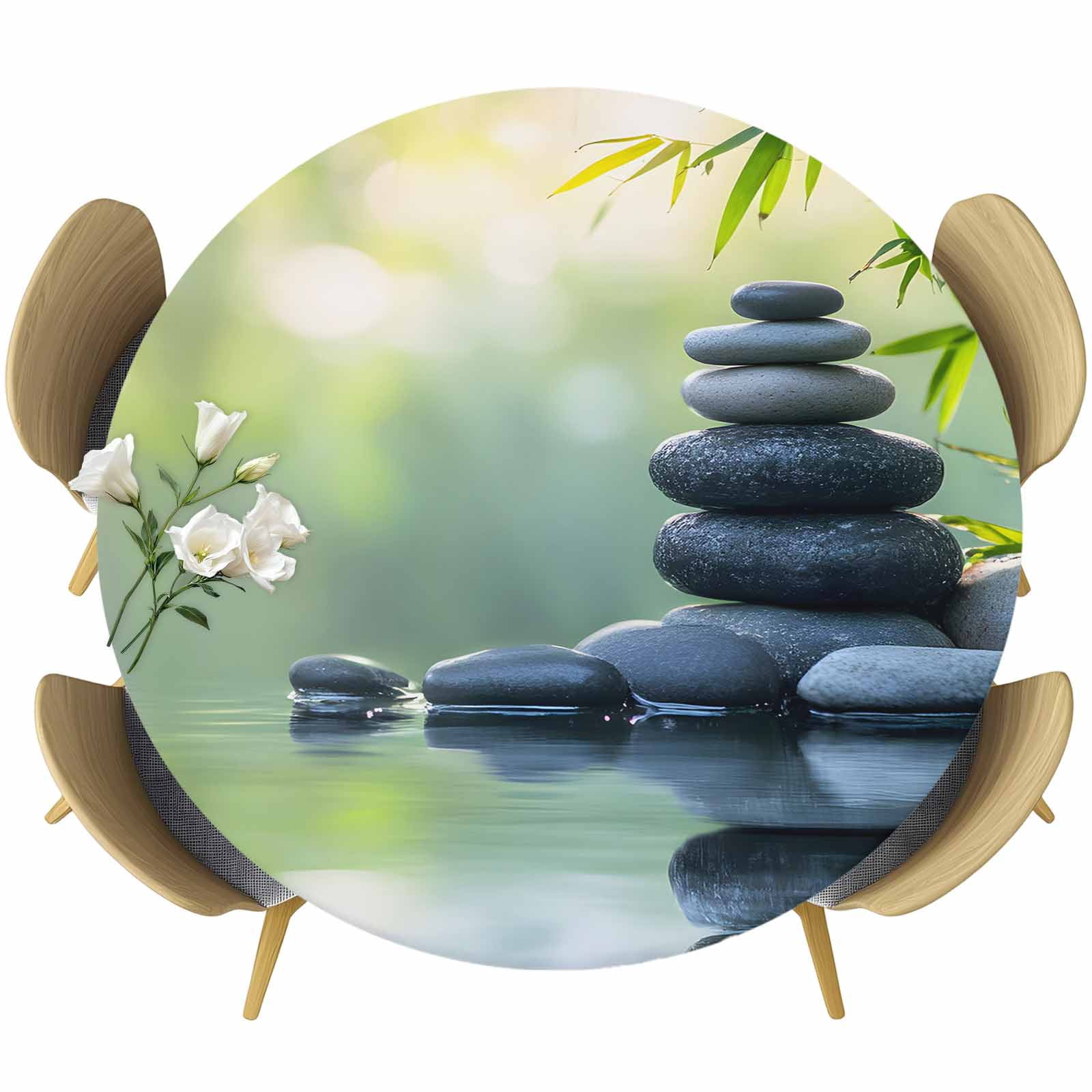 Zen Stones Round Tablecloth 45-54 Inch Round Fitted Table Cloth with ...