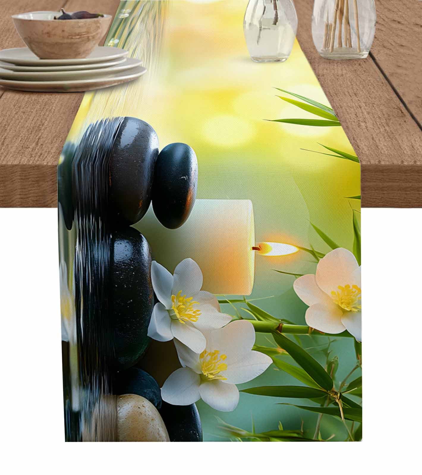 Zen Stones Table Runner 60 Inches, Nature Water Reflection Floral ...