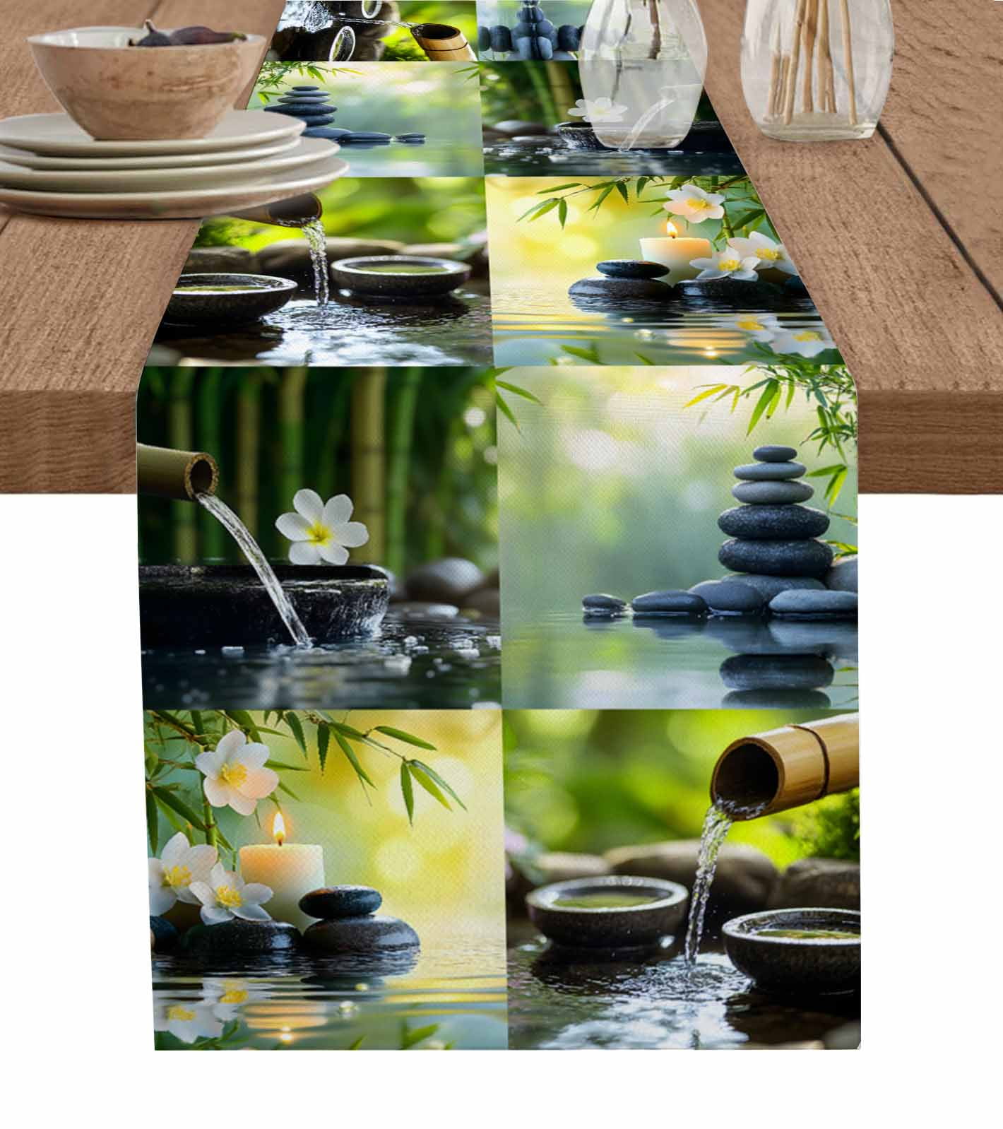 Zen Stones Table Runner 72 Inches, Nature Water Reflection Checkered ...