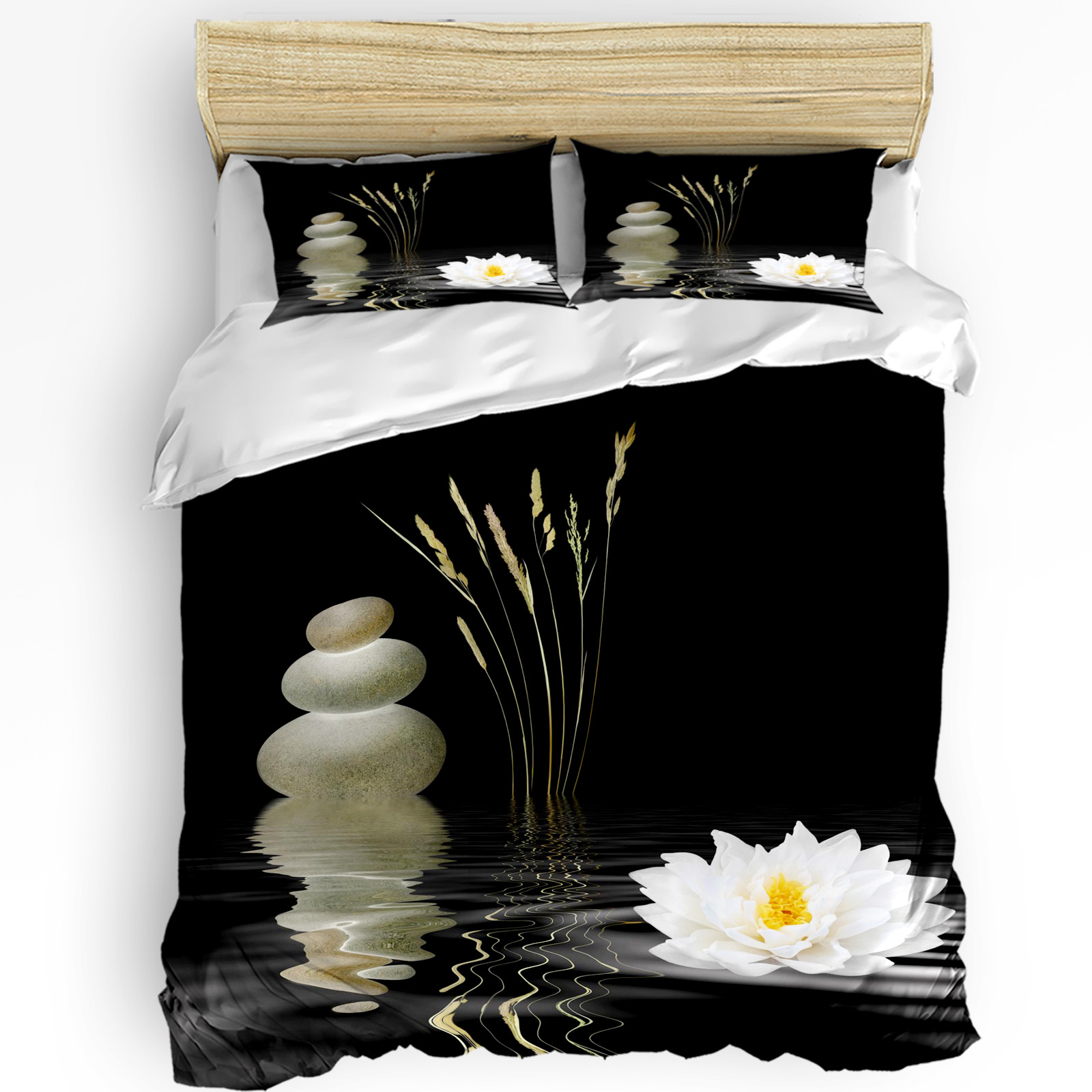 Zen Stones White Flower Lotus Black 3pcs Duvet Cover Set with Pillow ...