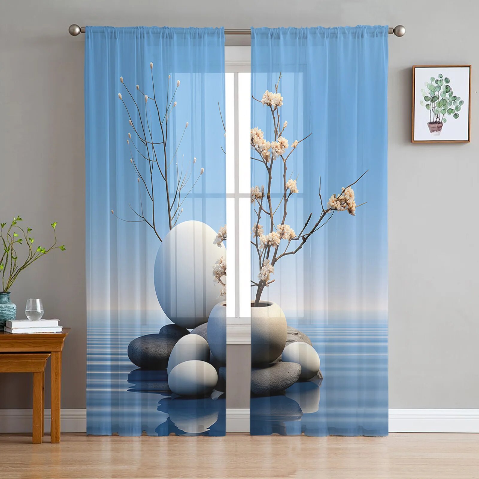 Zen Sts Branch Flower Voile Curtains for Bedroom Window Tulle Curtain ...
