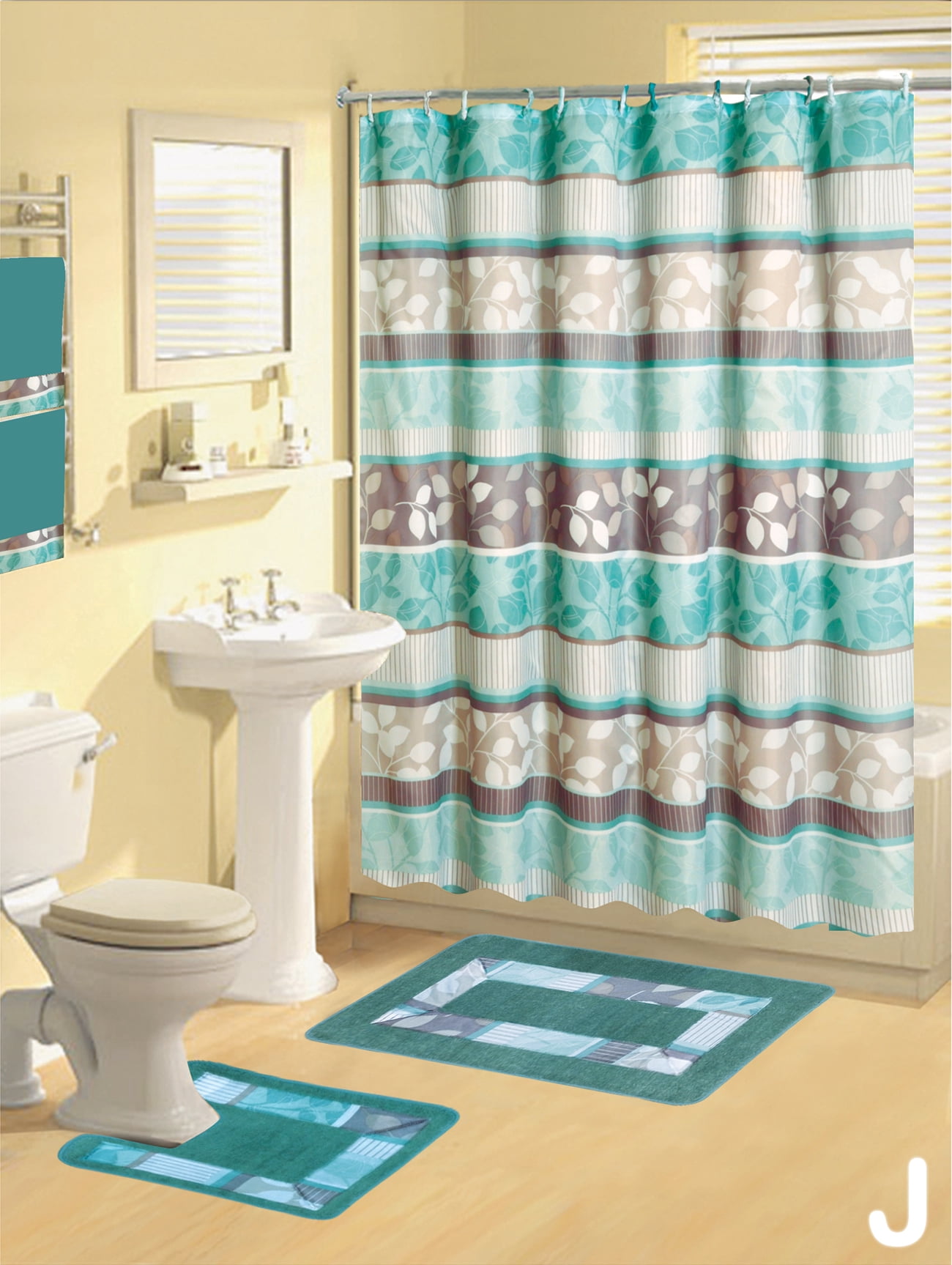 Zen Turquoise 17-Piece Bath Rug Shower Curtain Set with Hooks & Towels ...
