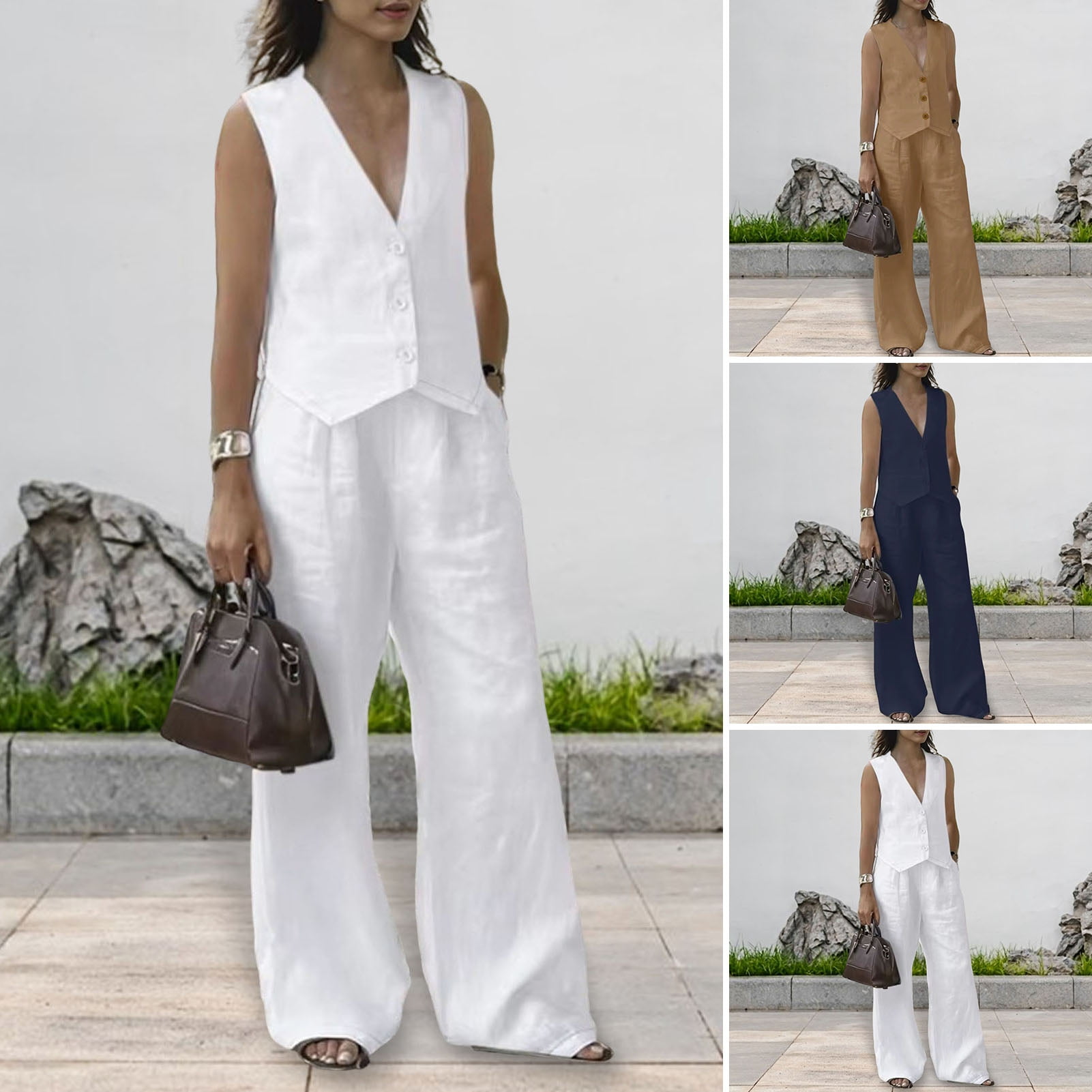 ZenCart 2 Pcs/Set Women Vest Pants Suit Deep V Neck Sleeveless Solid ...