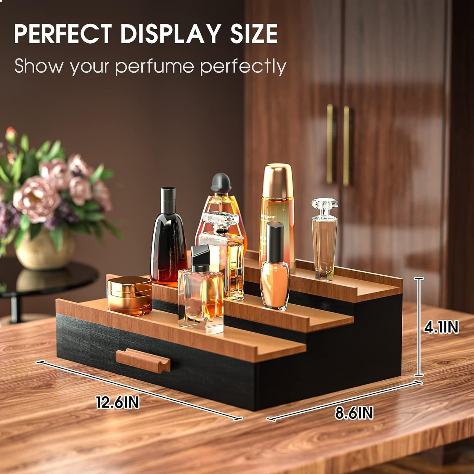 ZenCart 3 Tiers Wooden Perfume Display Stand with Storage Drawer Large ...