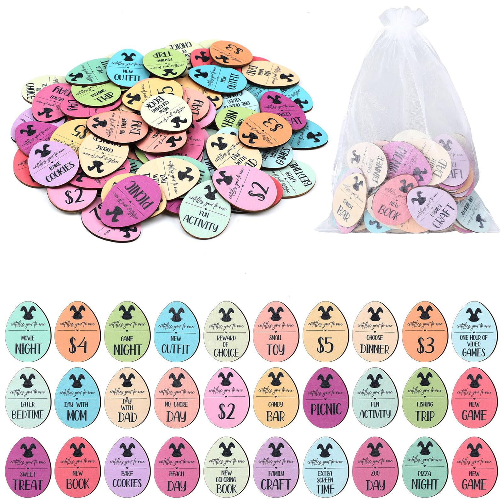 ZenCart 30/60Pcs Wooden Easter Egg Tokens Set with Gift Bag 30 ...