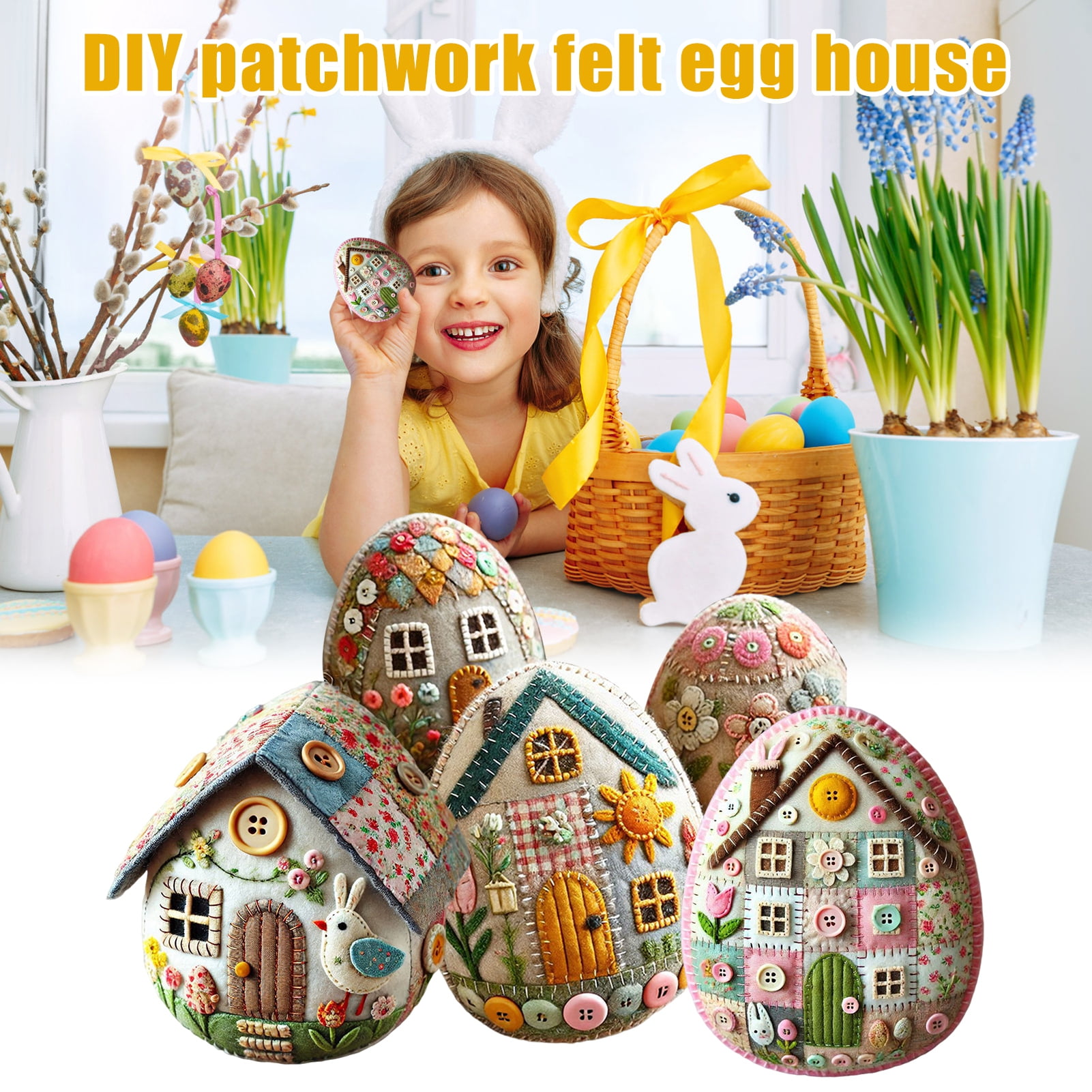 ZenCart Felt Egg House Kit DIY Patchwork Felt Egg House Craft Kit Handmade Embroidered Easter ...