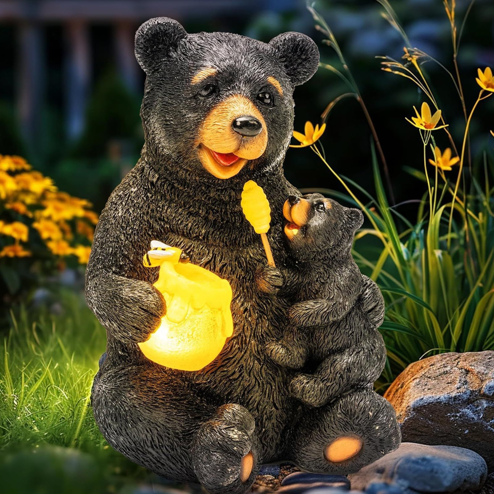 ZenCart Hand-painted Bear Statue LED Light Resin Mom Baby Bear Ornament ...