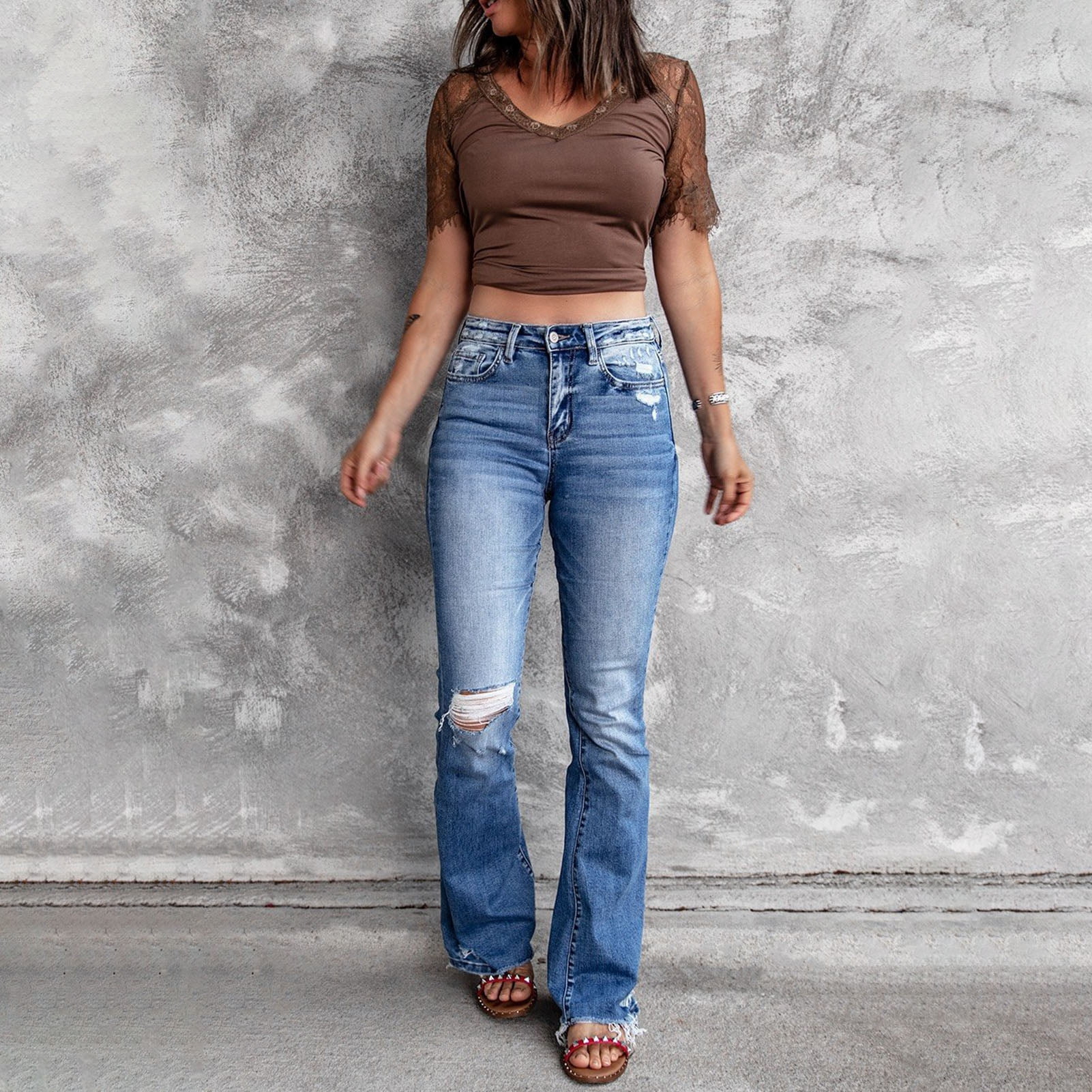 ZenCart High Waisted Bell Bottom Jeans for Women Ripped Bootcut Flared ...