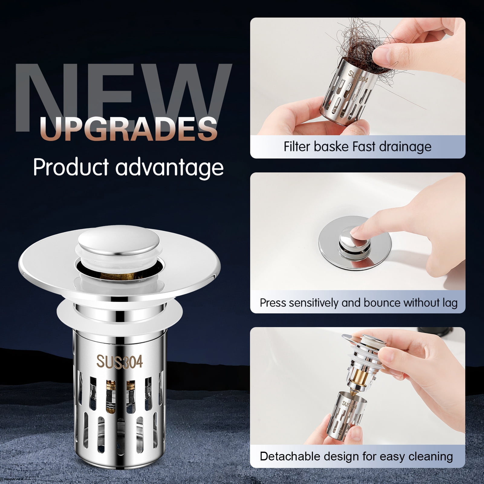 ZenCart Pop-up Sink Drain Strainer Durable Construction Universal ...
