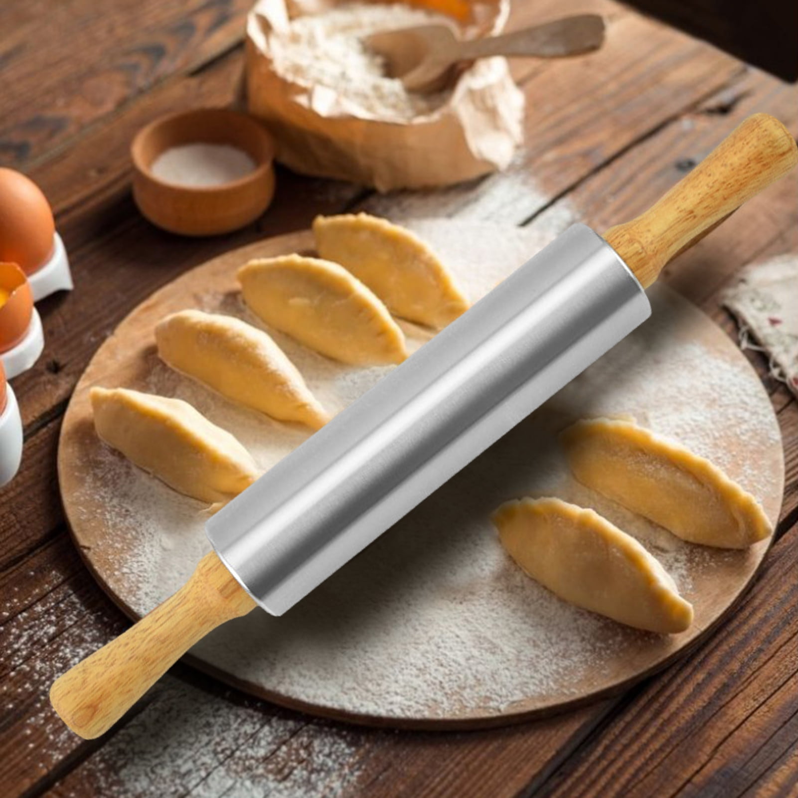 ZenCart Stainless Steel Rolling Pin for Baking Pizza Dough Bread Pie Pastry Rollers with Wooden ...