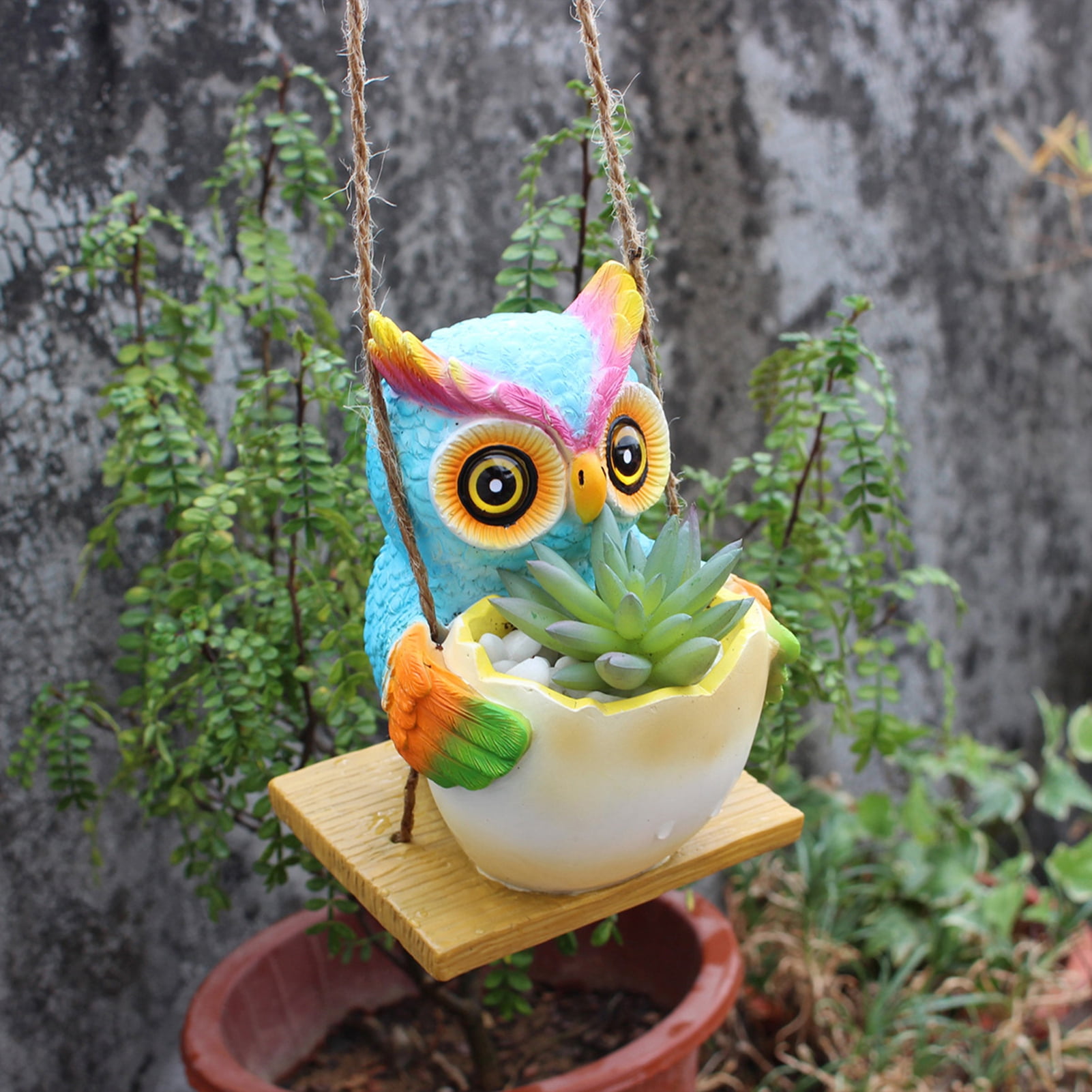ZenCart Swing Owl Hanging Planter Resin Owl with Egg Flower Pot Garden ...