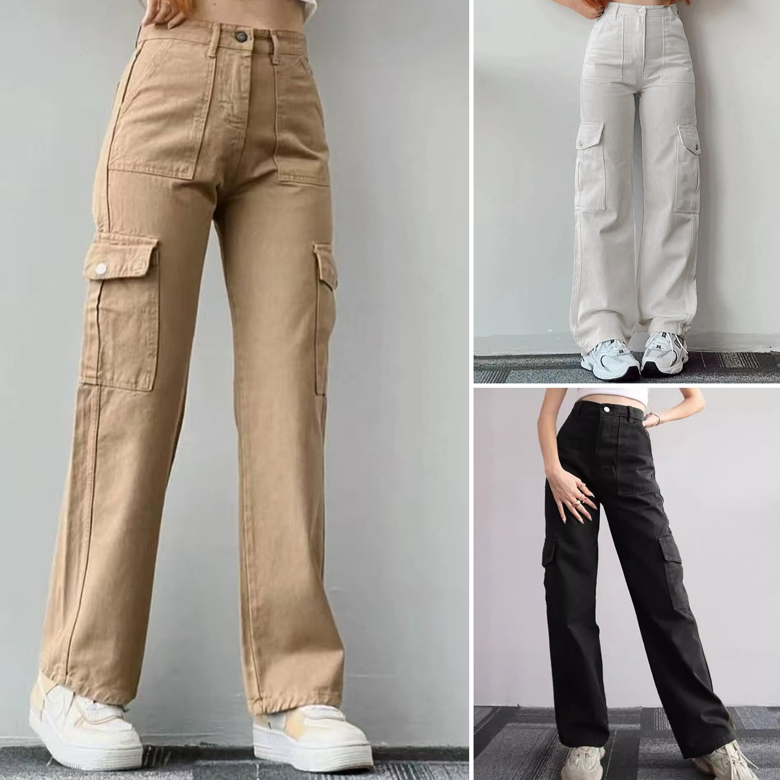 ZenCart Women Cargo Pants Mid-rise Button Zipper Waist Casual Trousers ...