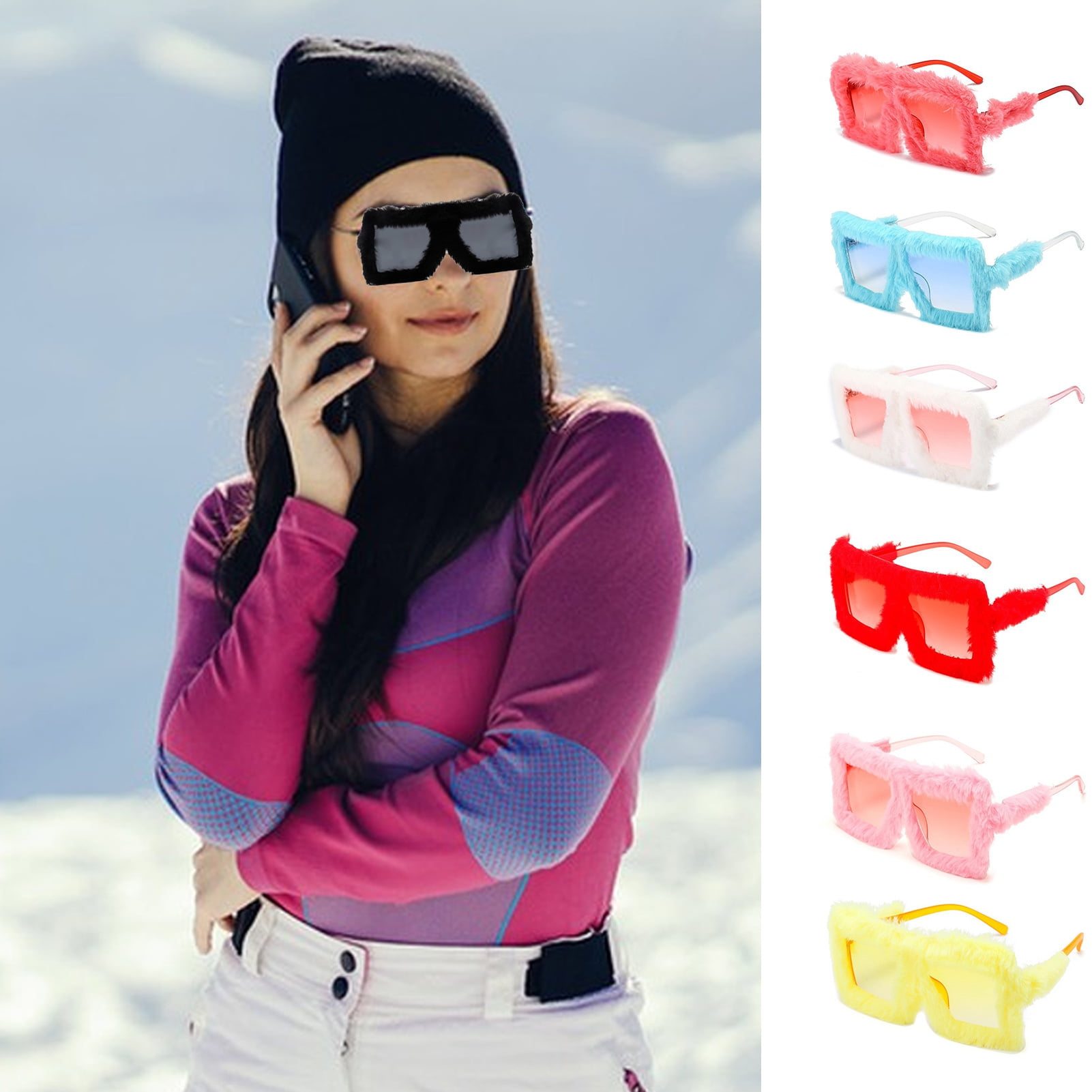 ZenCart Women Sunglasses Fluffy Plush Trim Oblong PC Frame Anti-UV ...