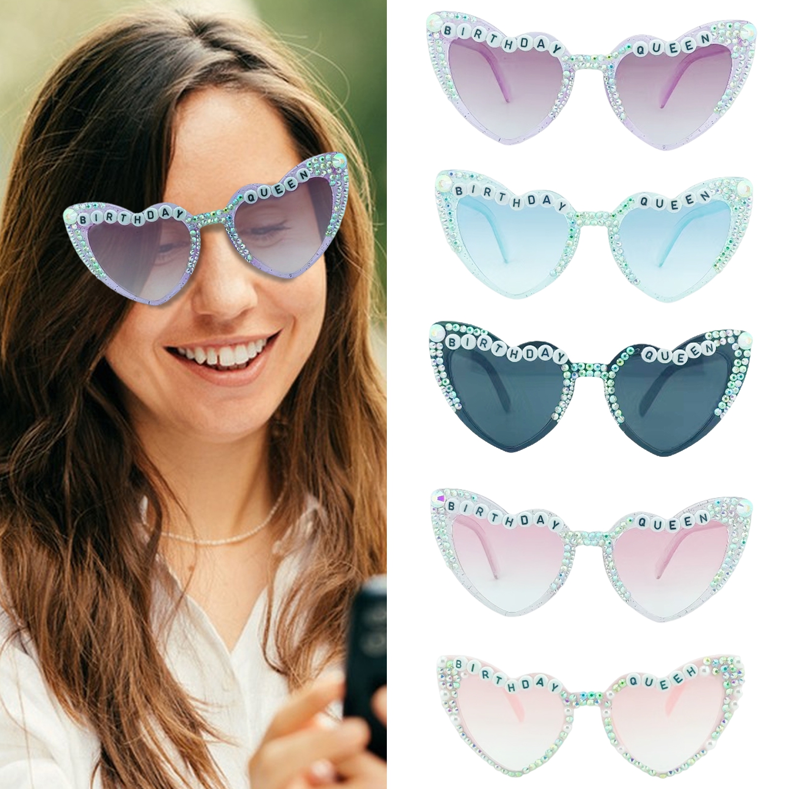 ZenCart Women Sunglasses Rhinestone Letter Decor Heart Shape Anti-UV ...