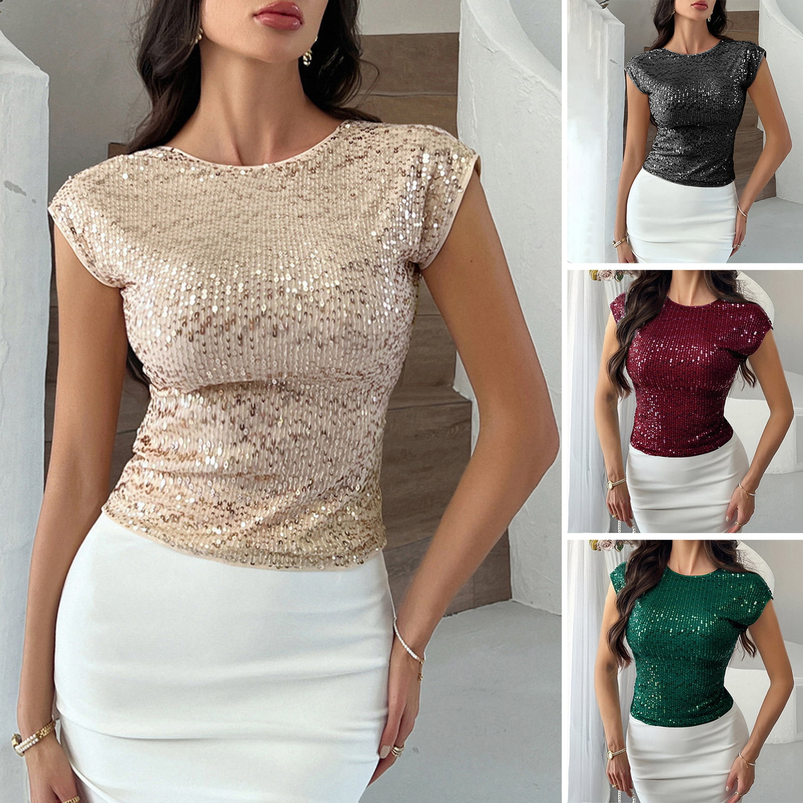 ZenCart Women T-shirt Round Neck Short Sleeve Sequin Tops Backless ...