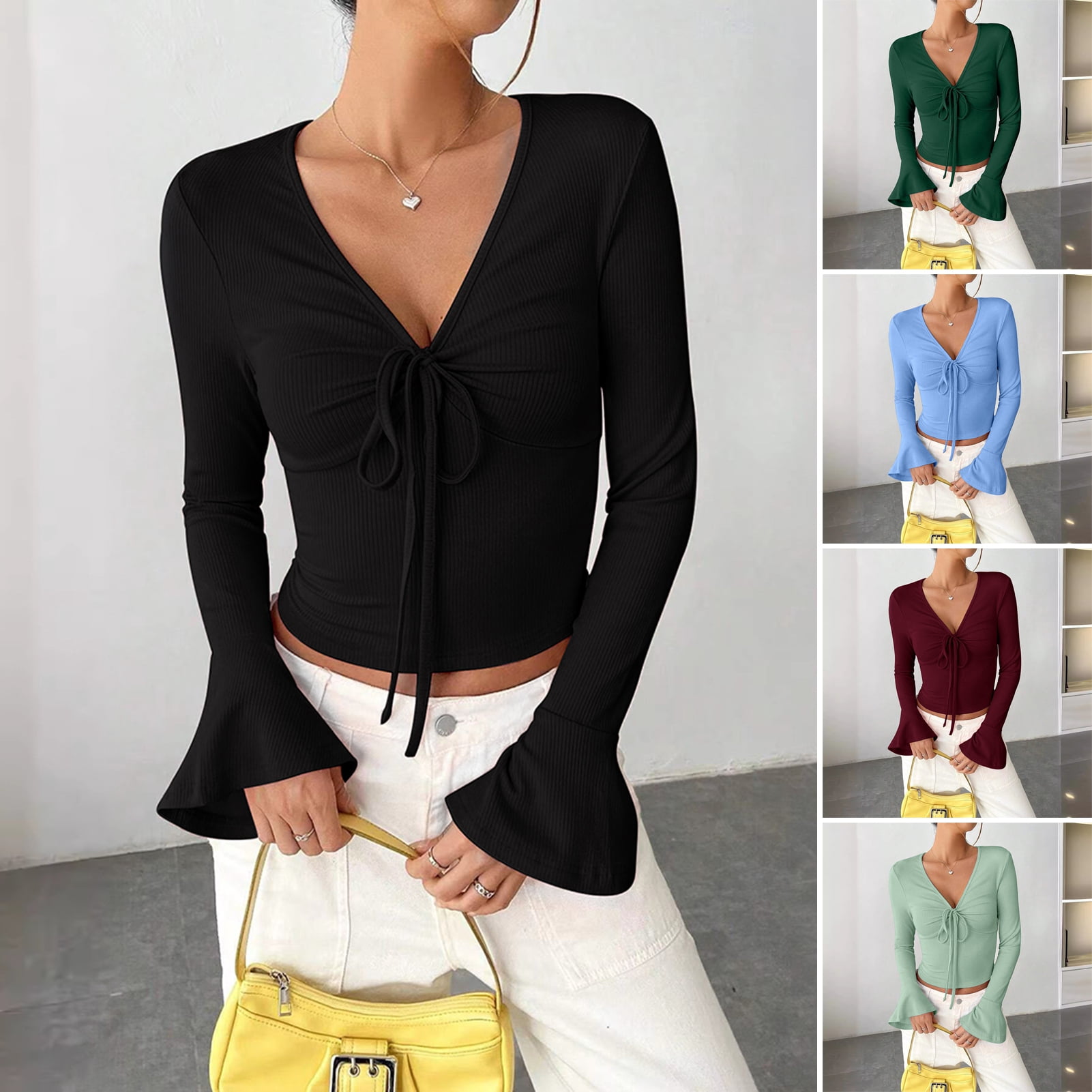 ZenCart Women Tops V-neck Flared Long Sleeve Lace-up Pullover Tops Slim ...