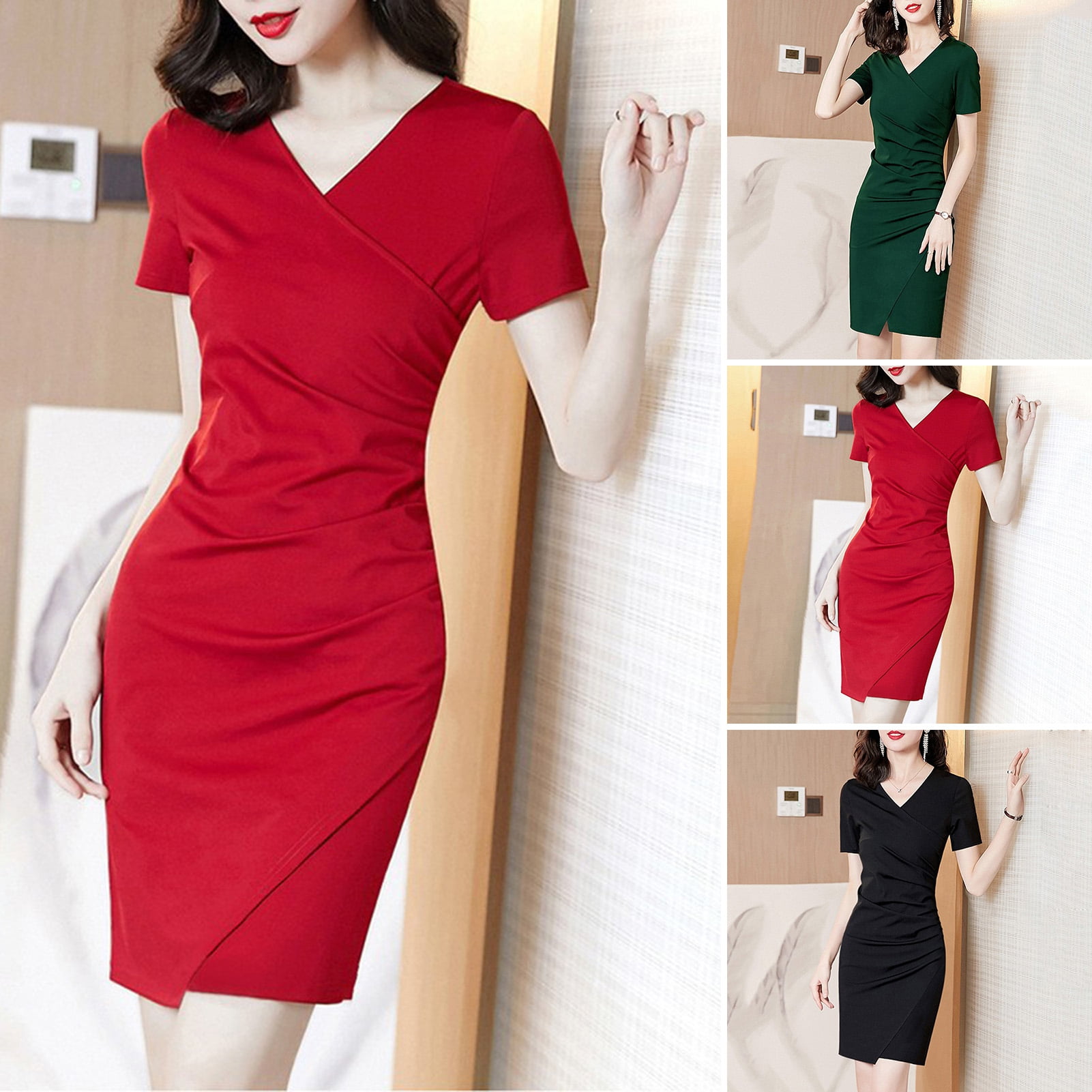 ZenCart Women's Ruched Bodycon Dress Short Sleeve V Neck One Piece Slim ...