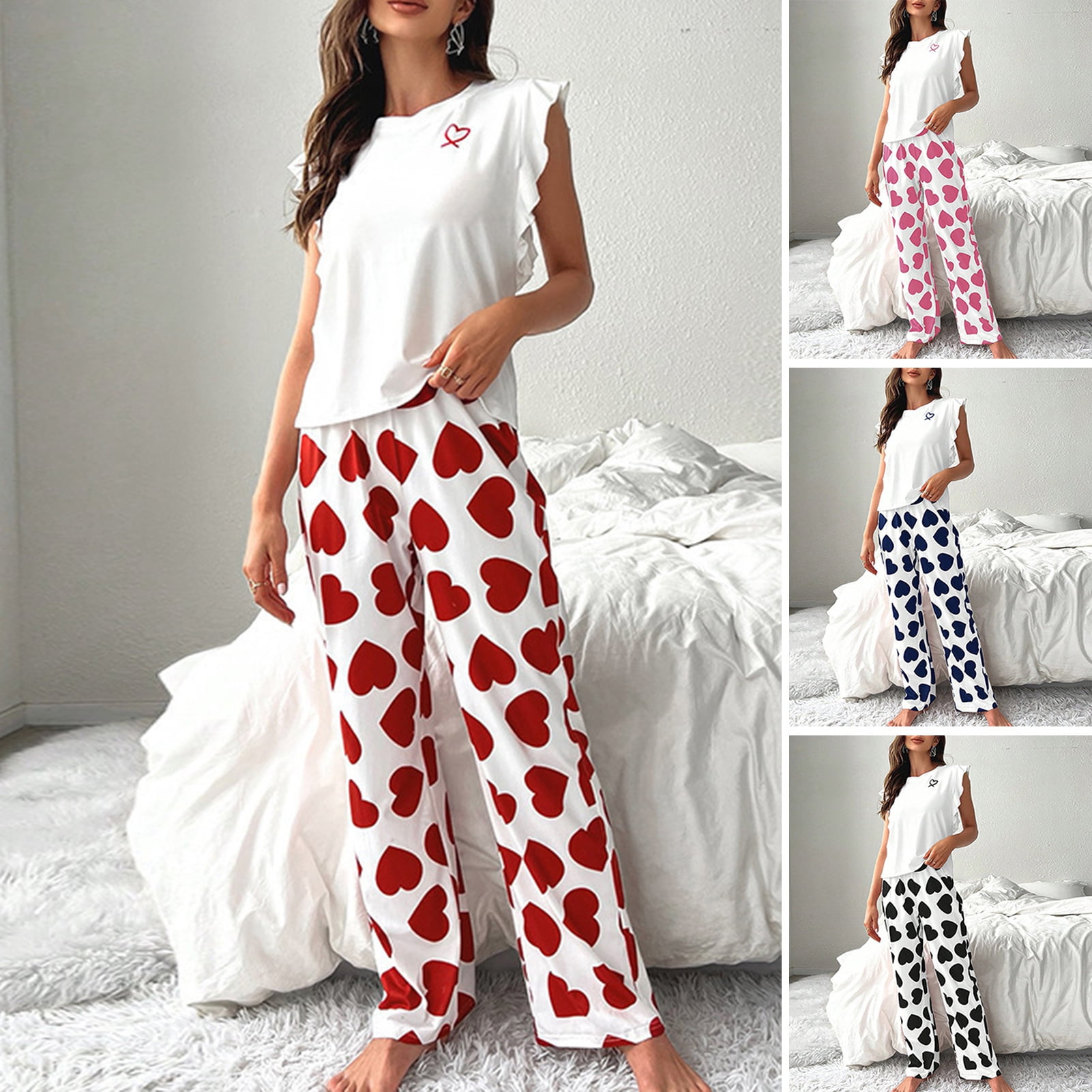 ZenCart Women's Satin Pajamas Set Ruffle Trim Tank Top And Wide Leg ...