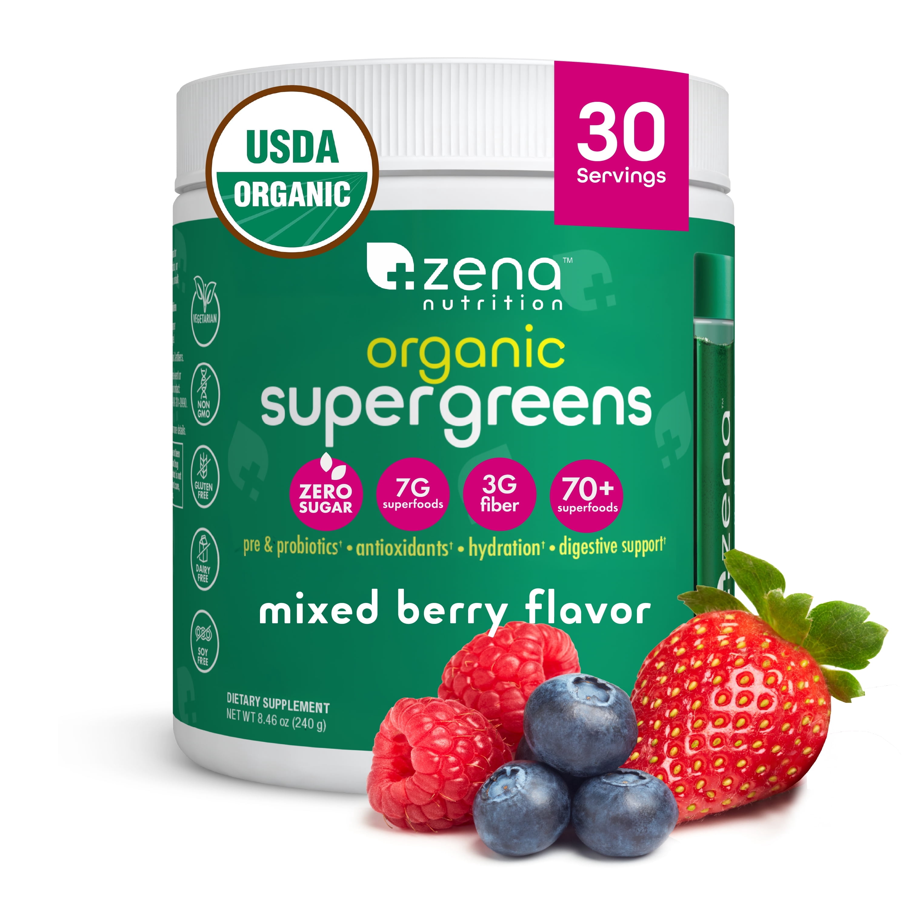 Zena Nutrition Organic Super Greens Powder, Mixed Berry, Superfood ...