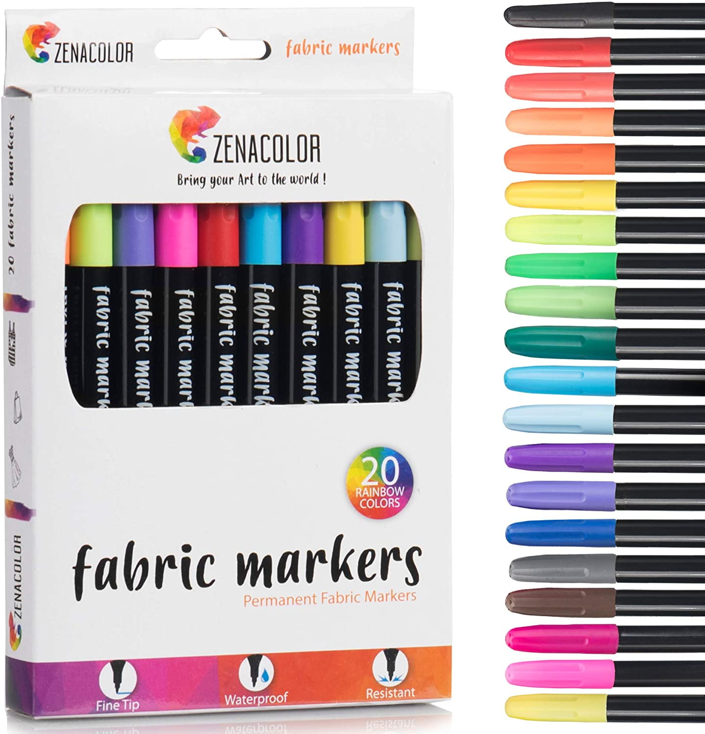Zenacolor 20 Colored Fabric Markers Set - Non Toxic, Permanent Textile ...