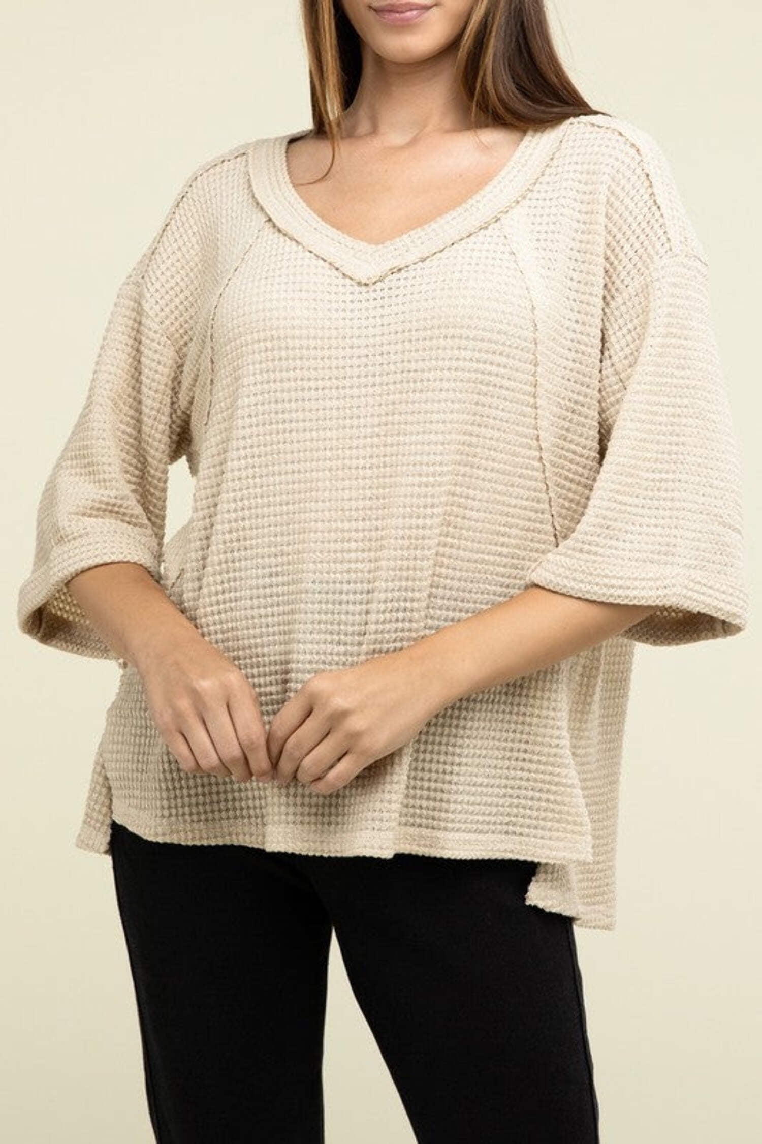 Zenana Brushed Waffle Exposed-Seam 3/4 Sleeve Top - Rosa Apparel ...