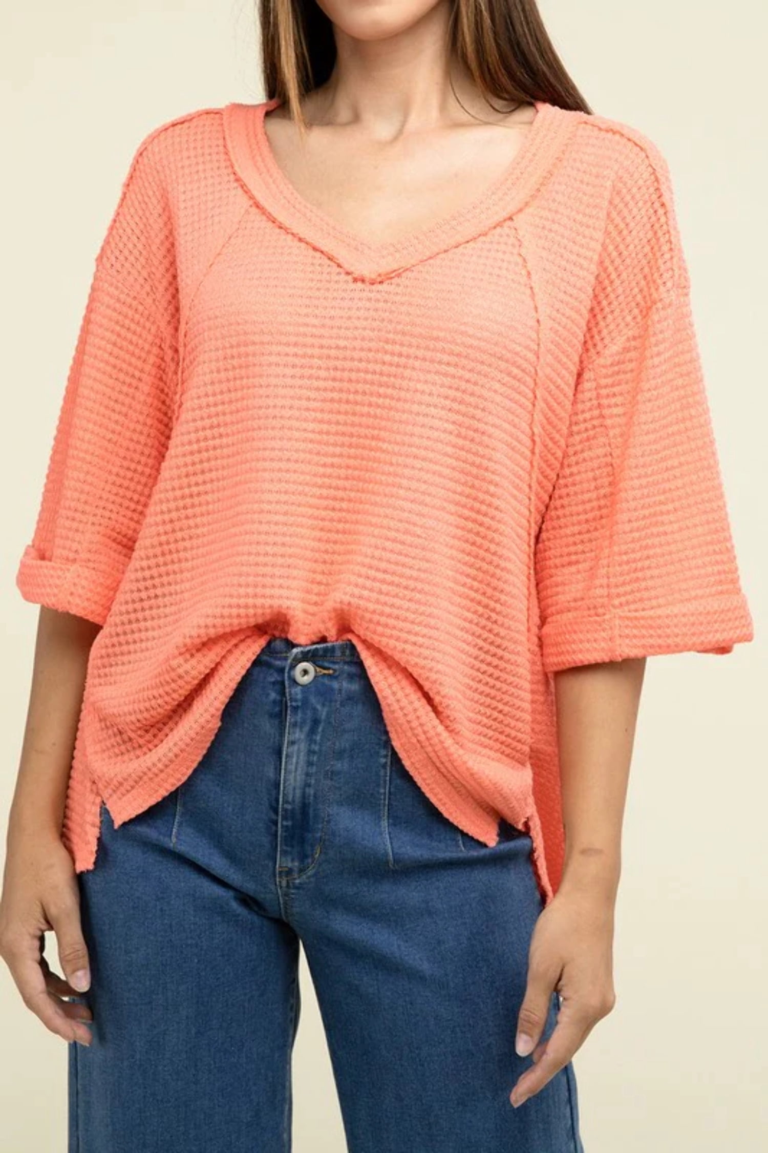 Zenana Brushed Waffle Exposed-Seam 3/4 Sleeve Top - Rosa Apparel ...