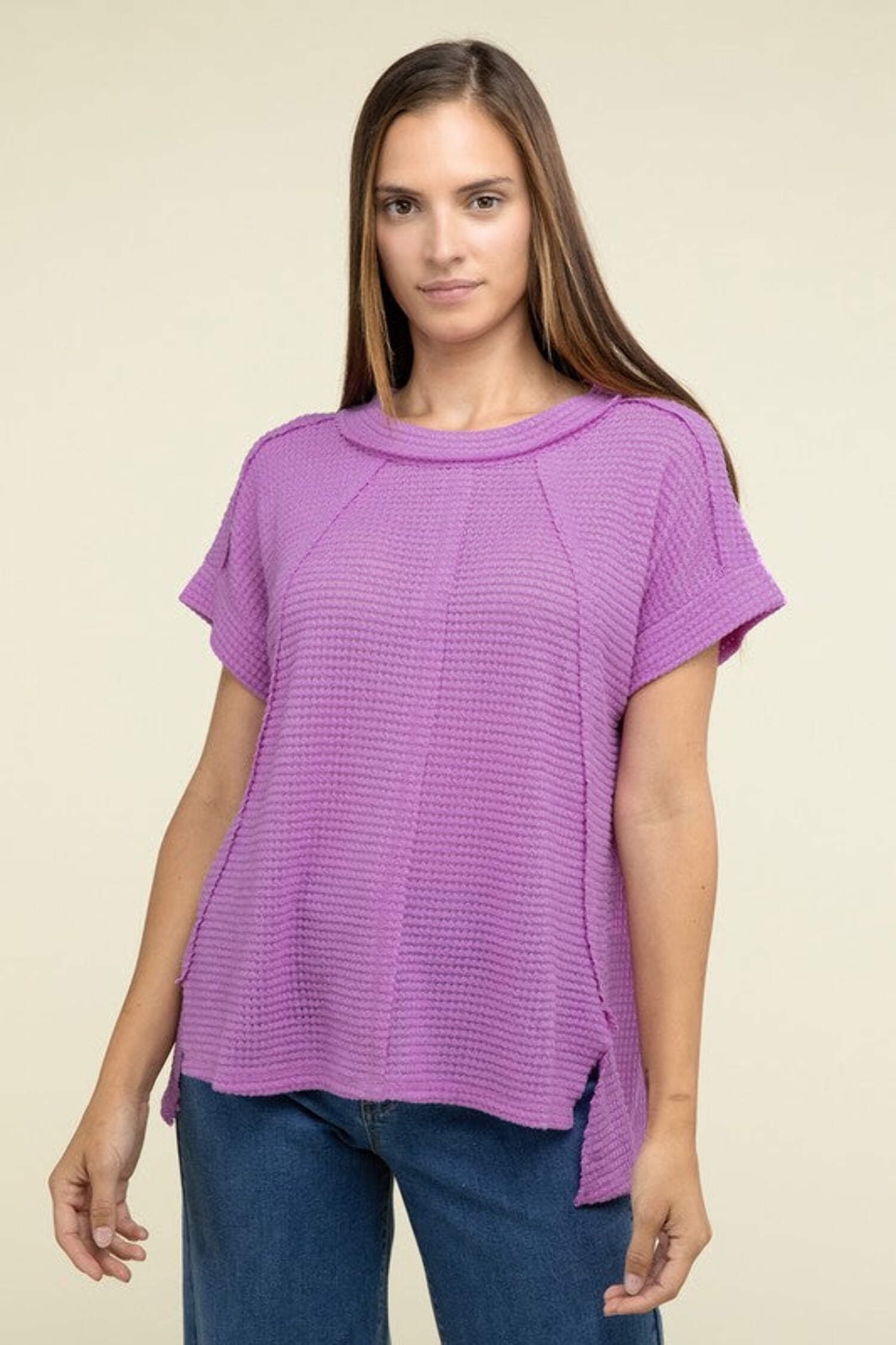 Zenana Brushed Waffle Exposed-Seam Short Sleeve Top - Rosa Apparel ...