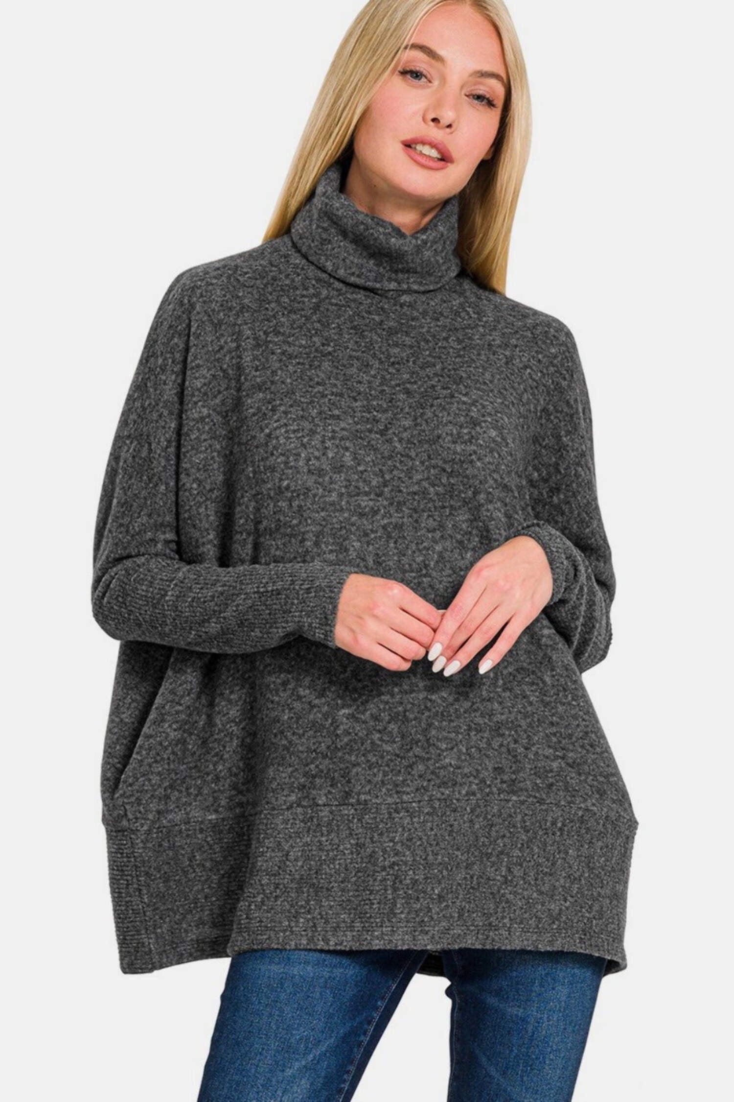 Zenana Full Size Brushed Melange Hacci Turtleneck Sweater - Walmart.com