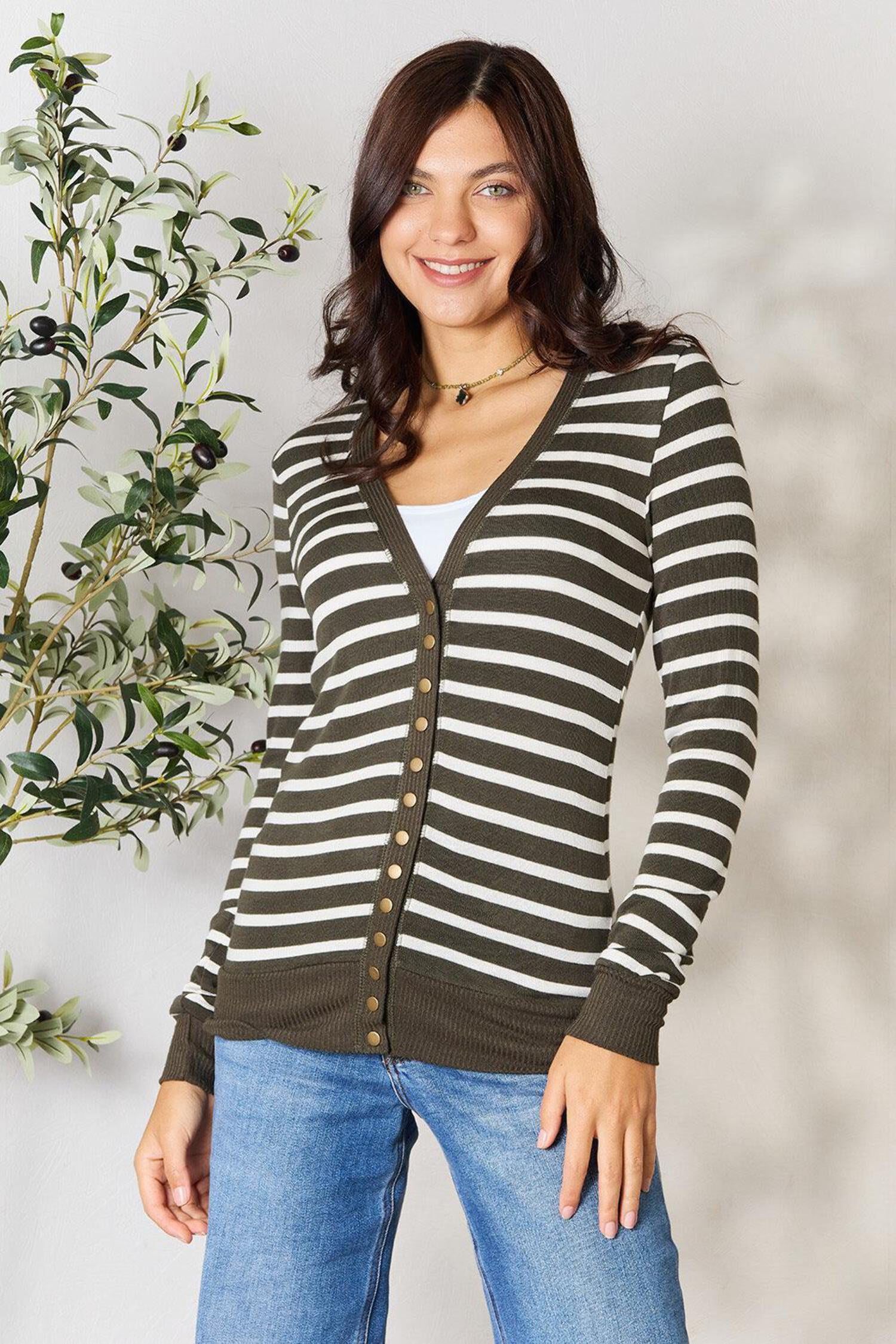 Zenana Full Size Striped Snap Down Cardigan - Walmart.com