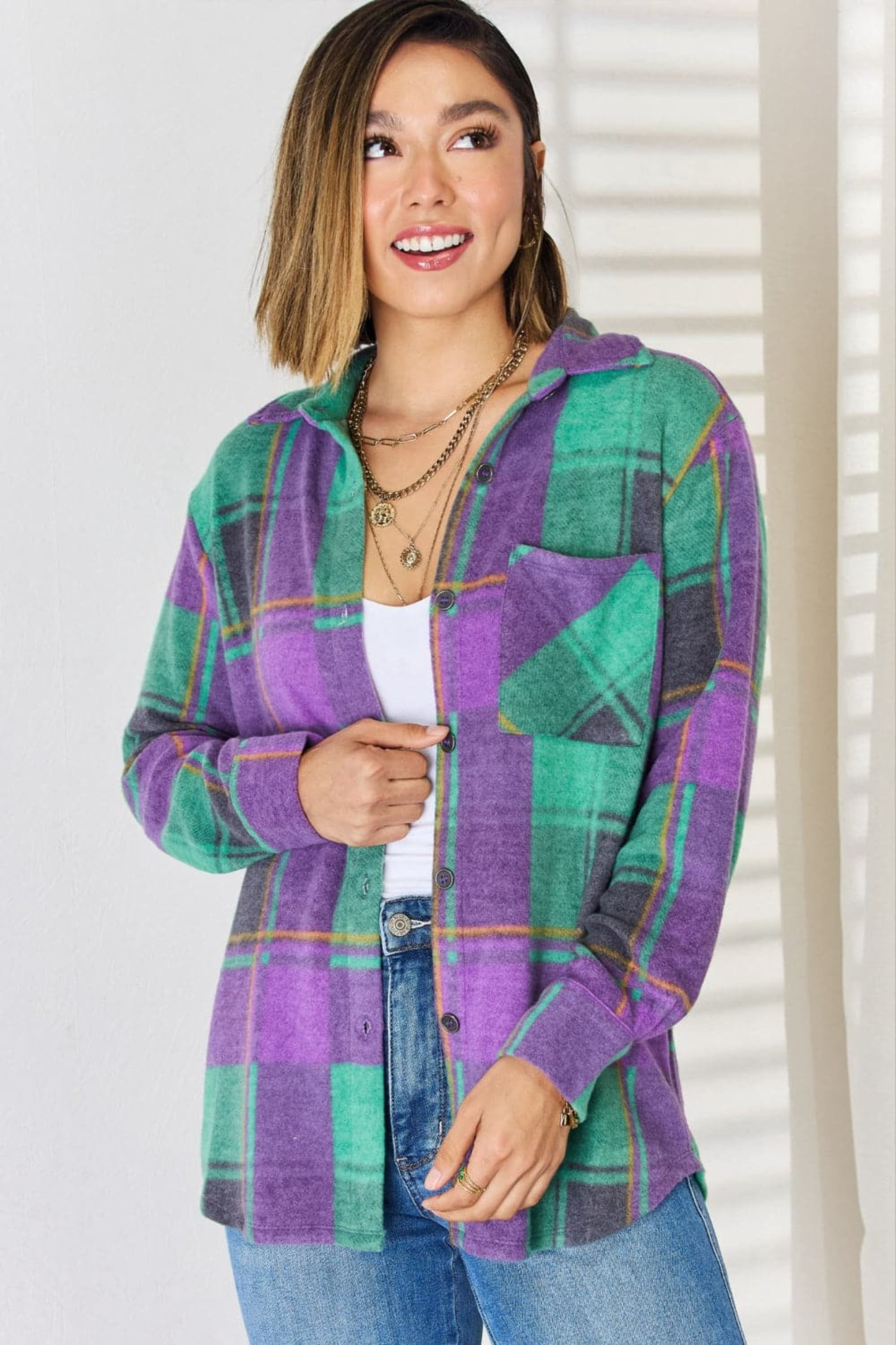 Zenana Plaid Button Up Long Sleeve Shacket - Walmart.com