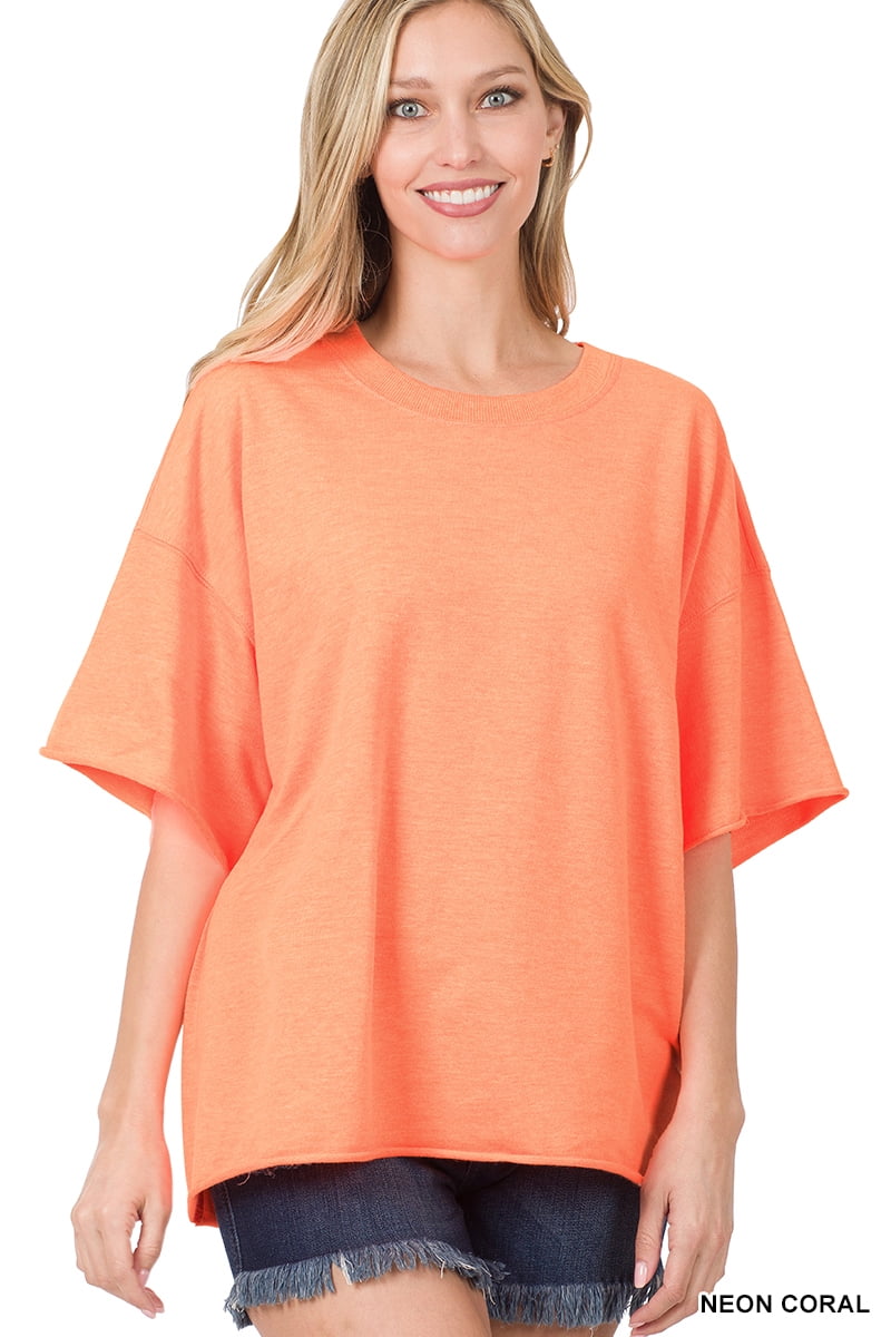 Zenana Plus Cotton French Terry Drop Shoulder Raw Edge Relaxed Casual ...