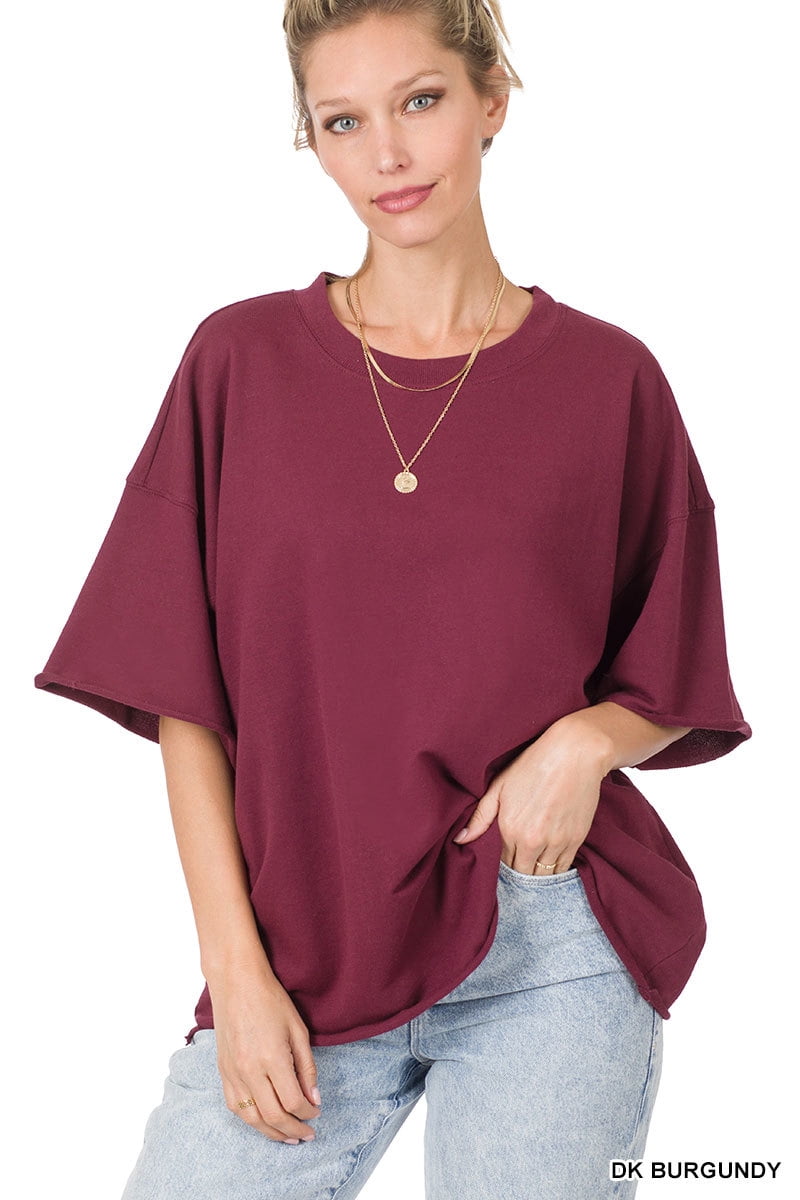 Zenana Plus Cotton French Terry Drop Shoulder Raw Edge Relaxed Casual ...