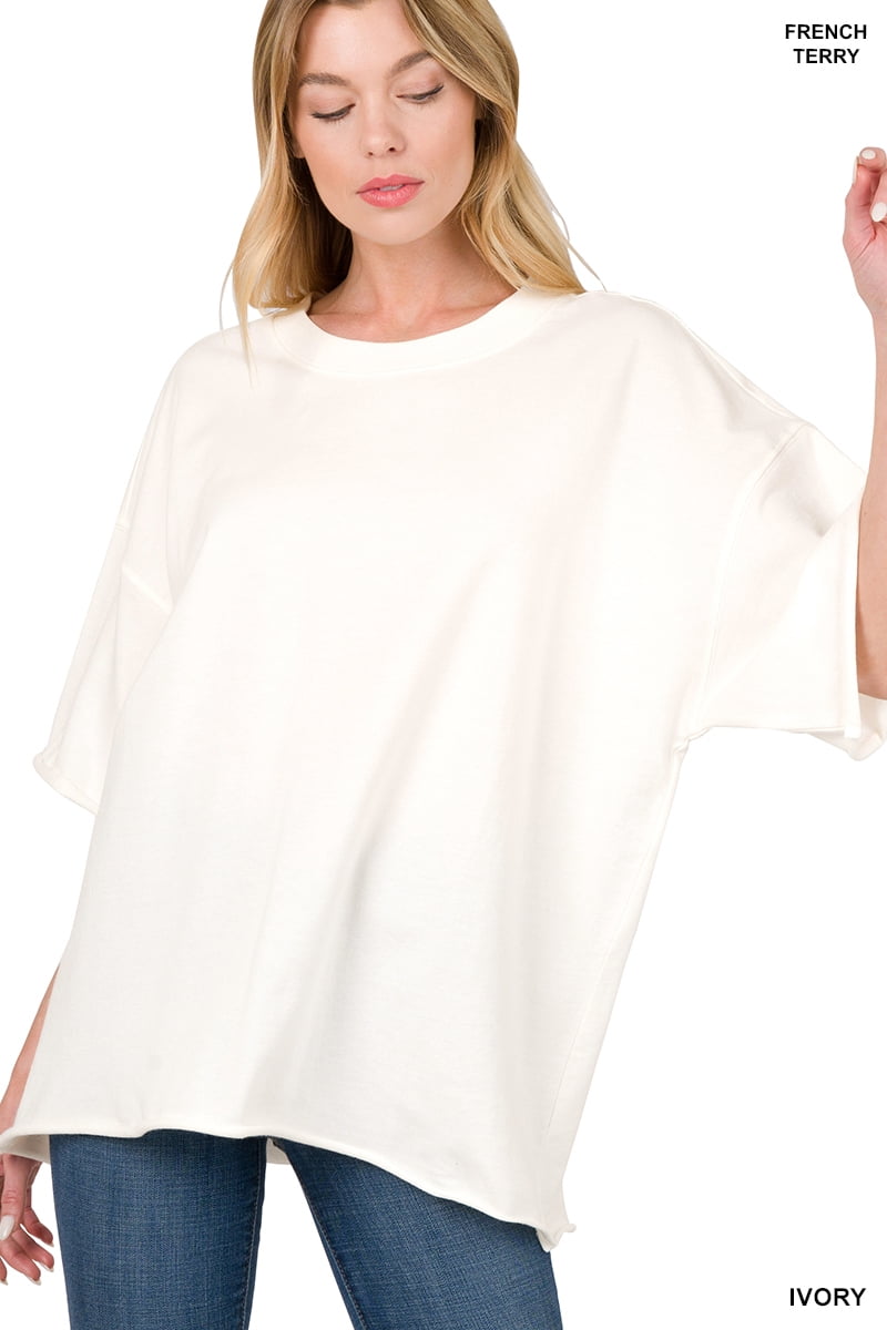 Zenana Plus Cotton French Terry Drop Shoulder Raw Edge Relaxed Casual ...