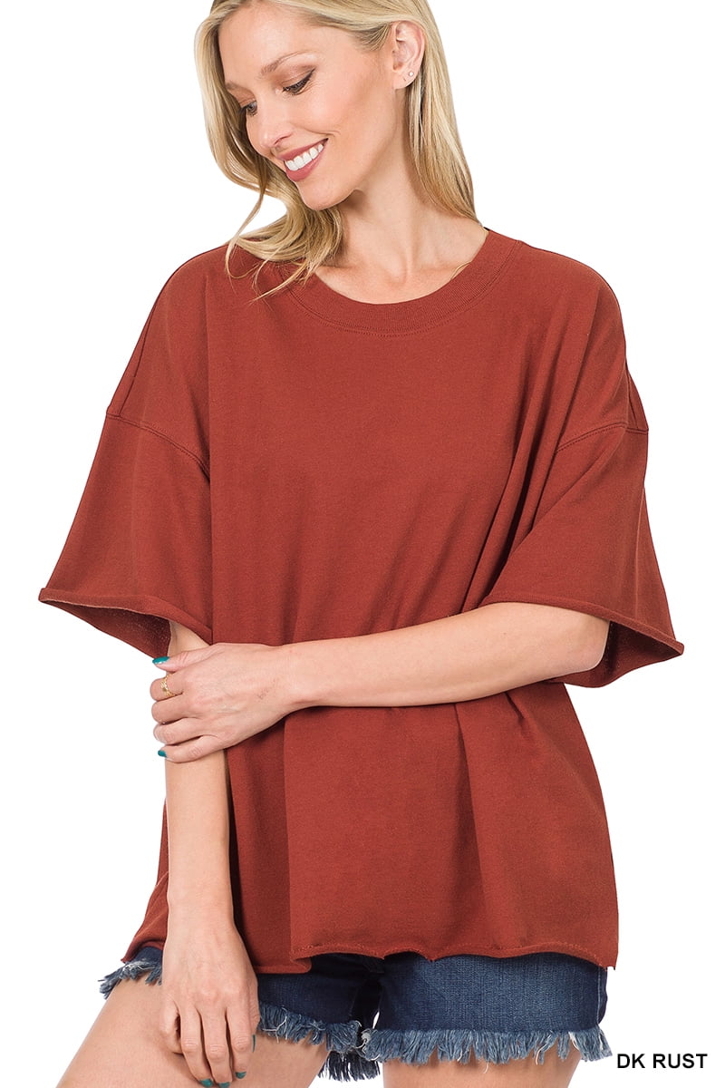 Zenana Plus Cotton French Terry Drop Shoulder Raw Edge Relaxed Casual ...