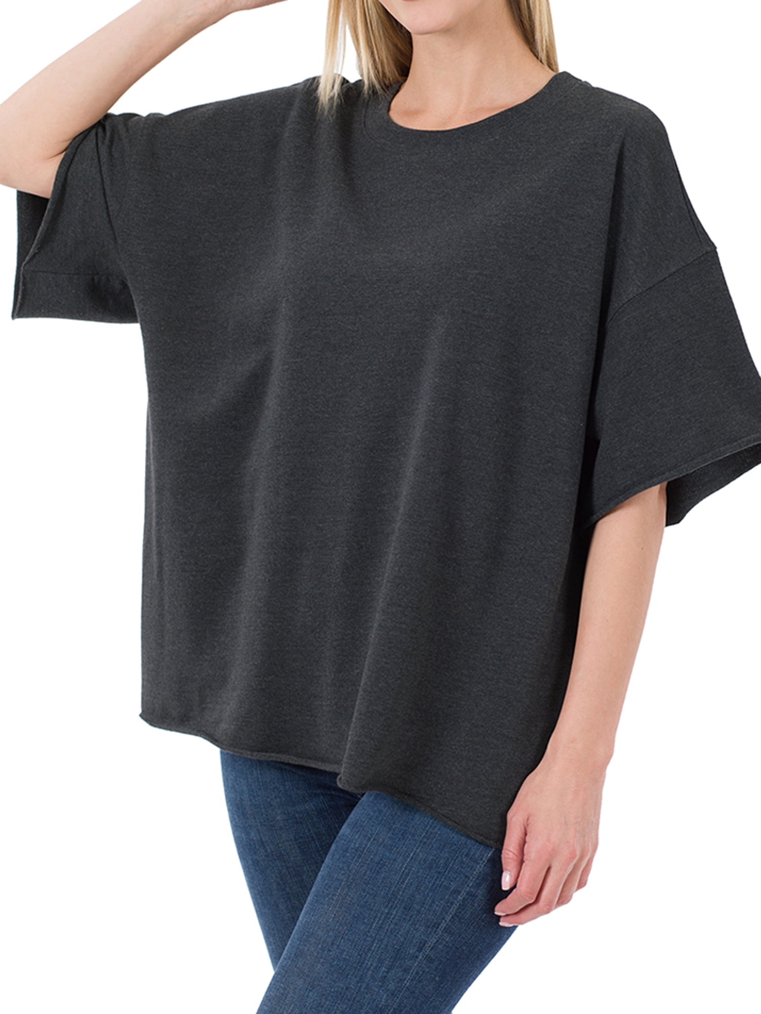 Zenana Plus Cotton French Terry Drop Shoulder Raw Edge Relaxed Casual ...