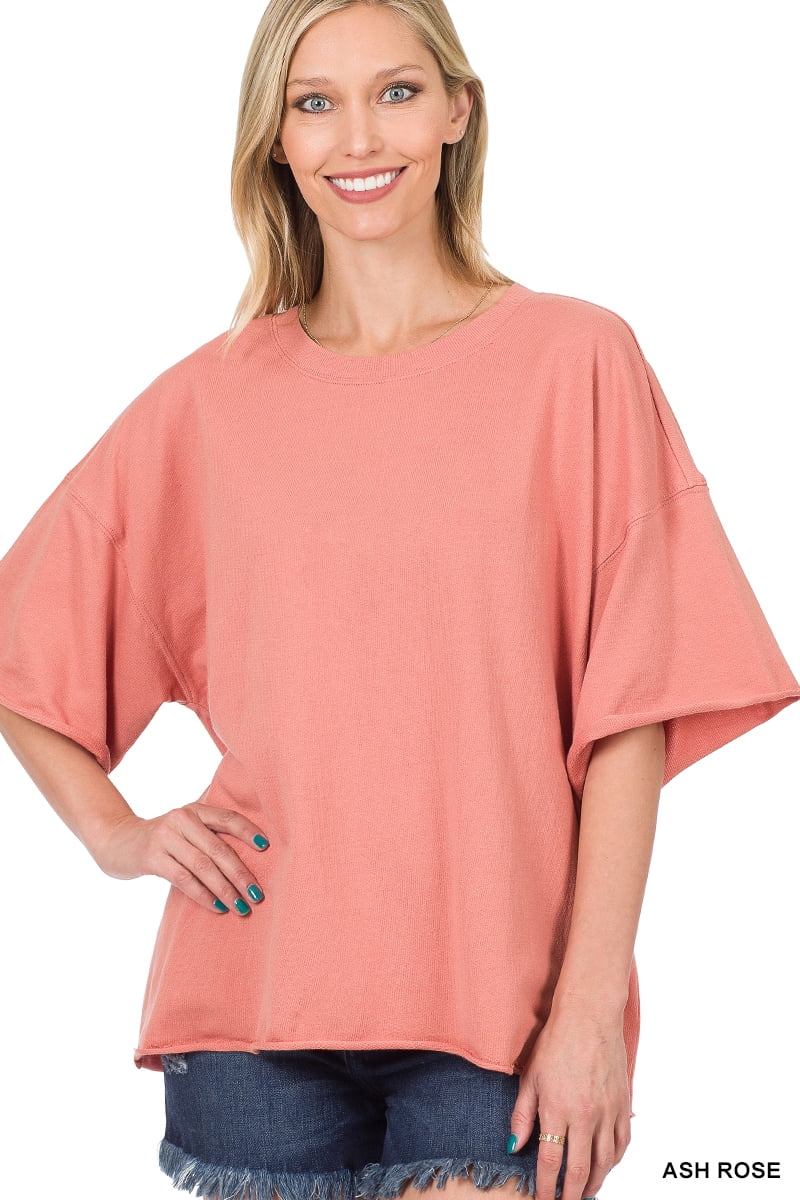 Zenana Plus Cotton French Terry Drop Shoulder Raw Edge Relaxed Casual ...
