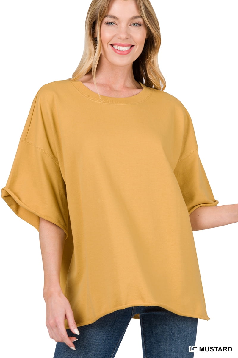 Zenana Plus Cotton French Terry Drop Shoulder Raw Edge Relaxed Casual ...