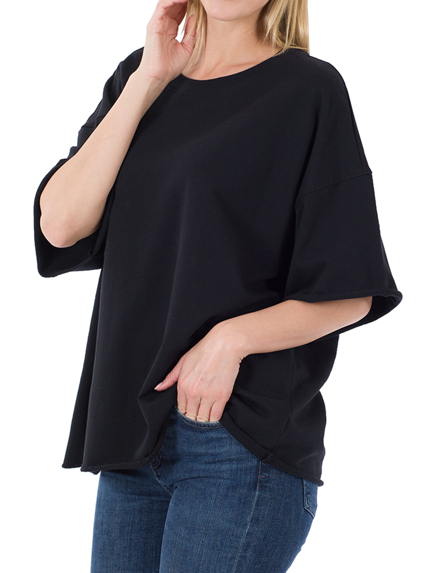 Zenana Plus Cotton French Terry Drop Shoulder Raw Edge Relaxed Casual ...