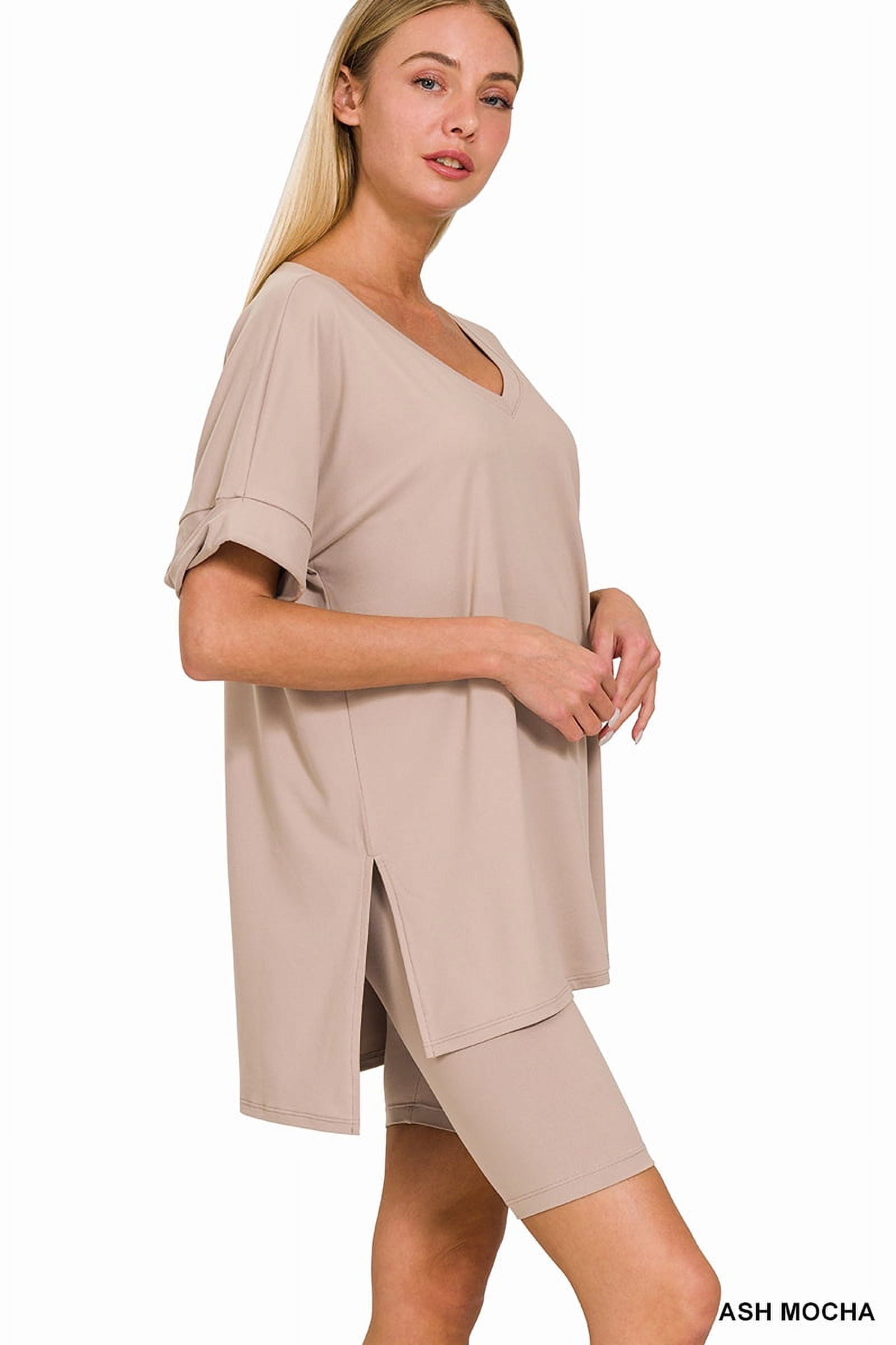 Zenana Plus Size Brushed DTY Microfier V-Neck Short Sleeve Hi-Low Hem ...