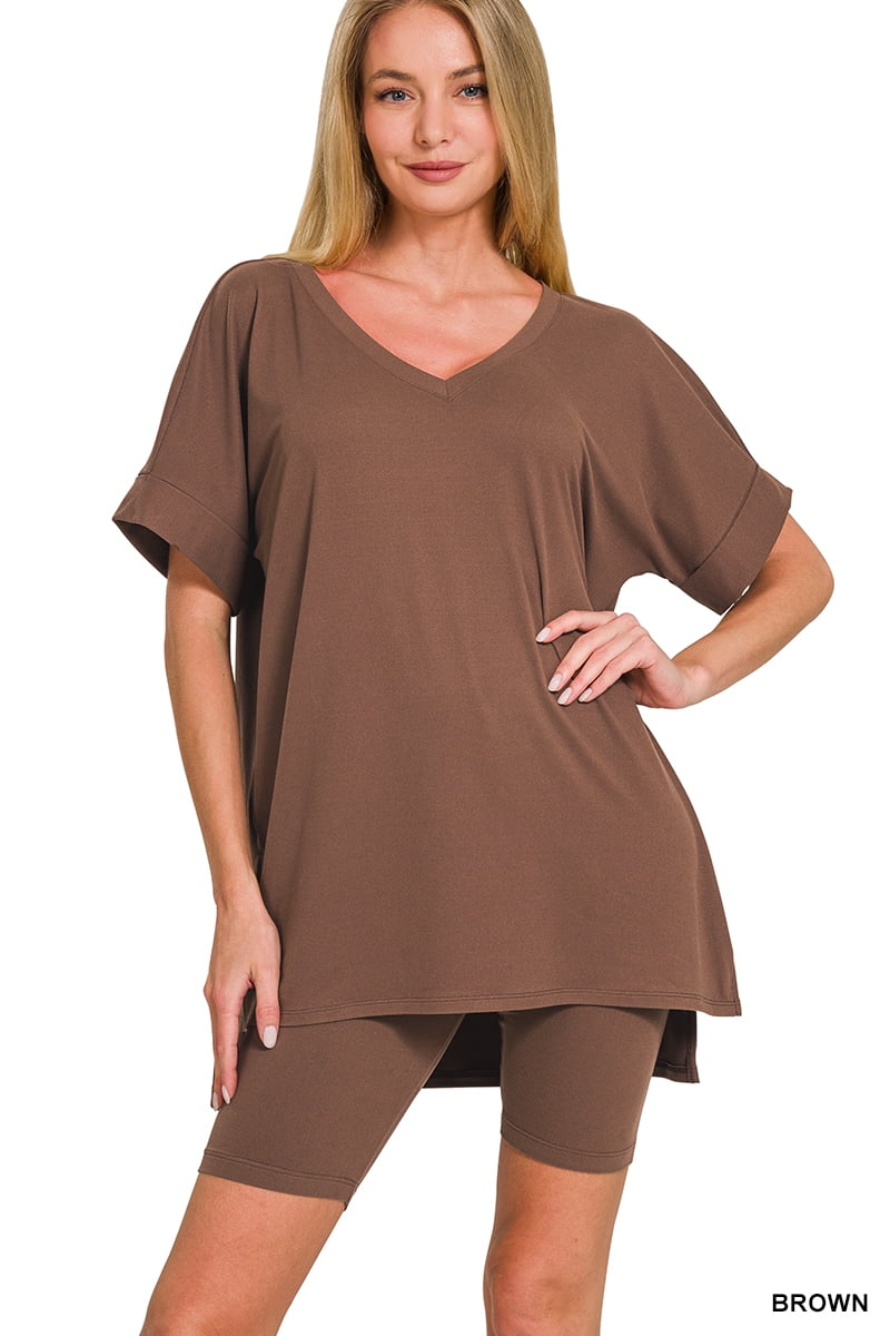 Zenana Plus Size Brushed DTY Microfier V-Neck Short Sleeve Hi-Low Hem ...
