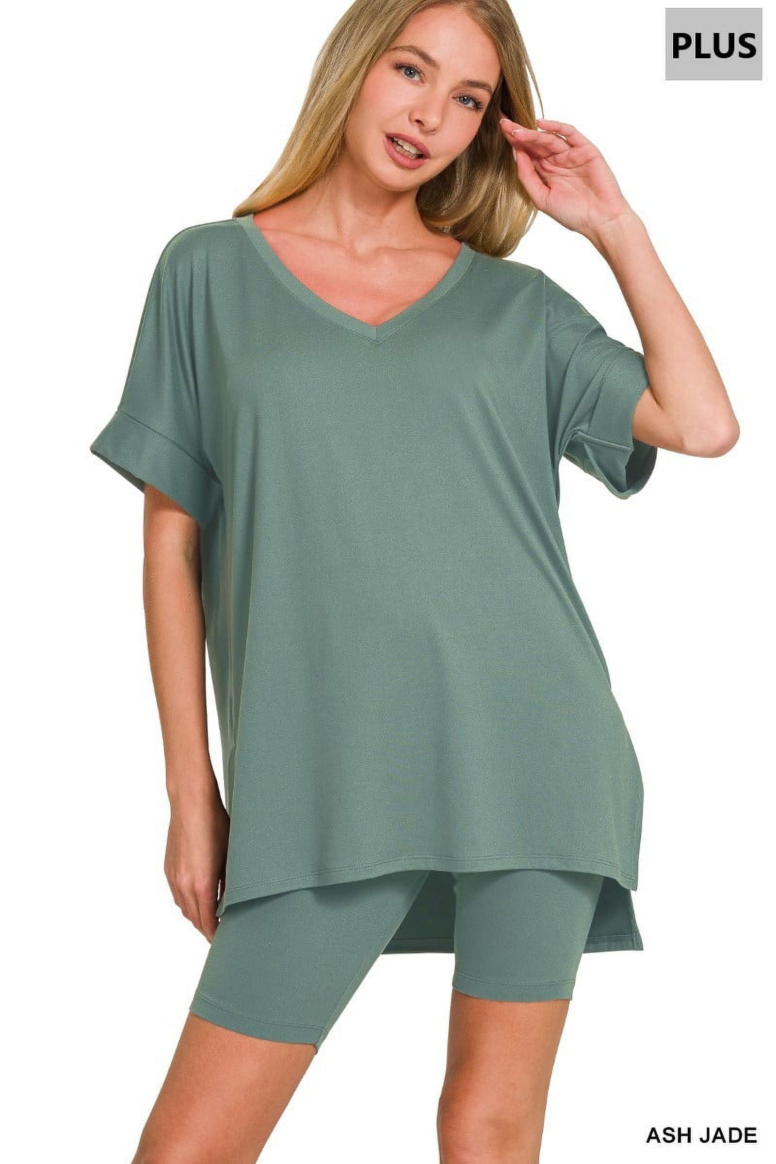 Zenana Plus Size Brushed DTY Microfier V-Neck Short Sleeve Hi-Low Hem ...