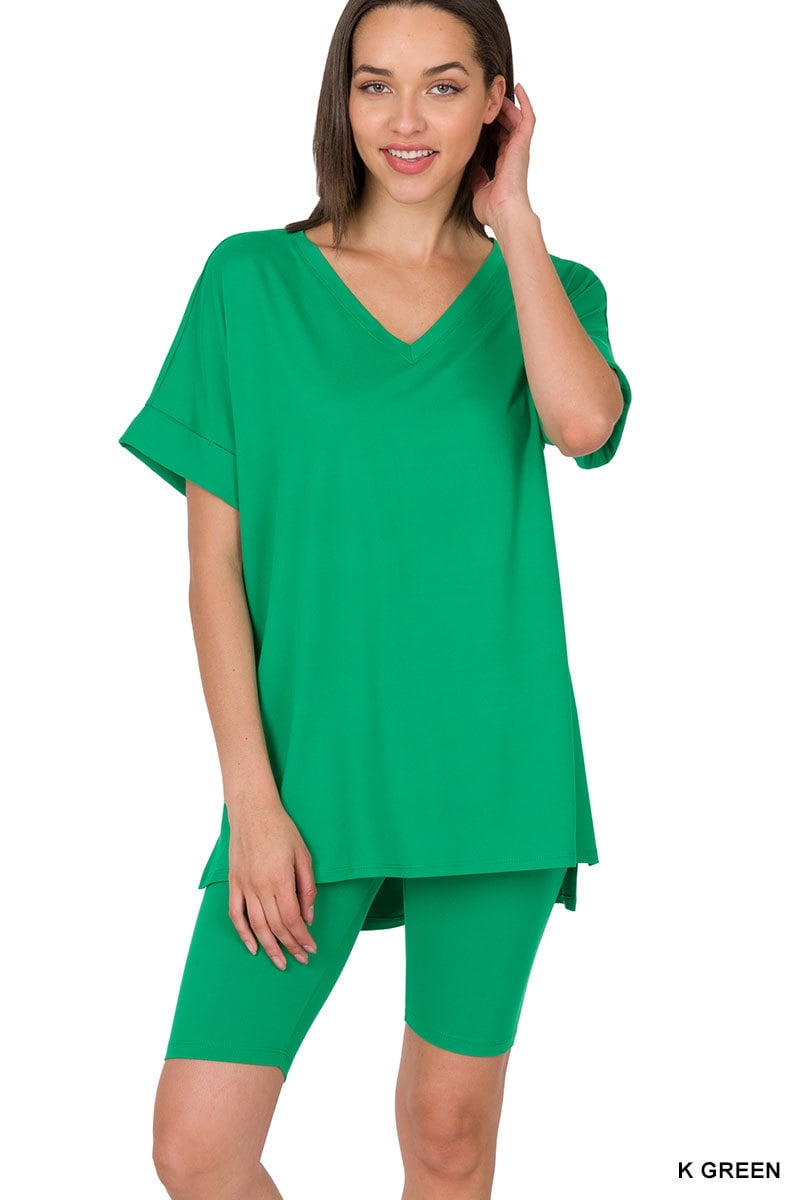 Zenana Plus Size Brushed DTY Microfier V-Neck Short Sleeve Hi-Low Hem ...