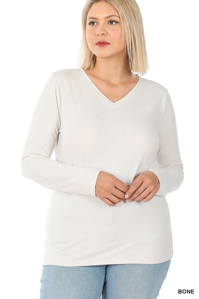 Zenana Plus Size Brushed Microfiber V-Neck Long Sleeve Lightweight Tee ...