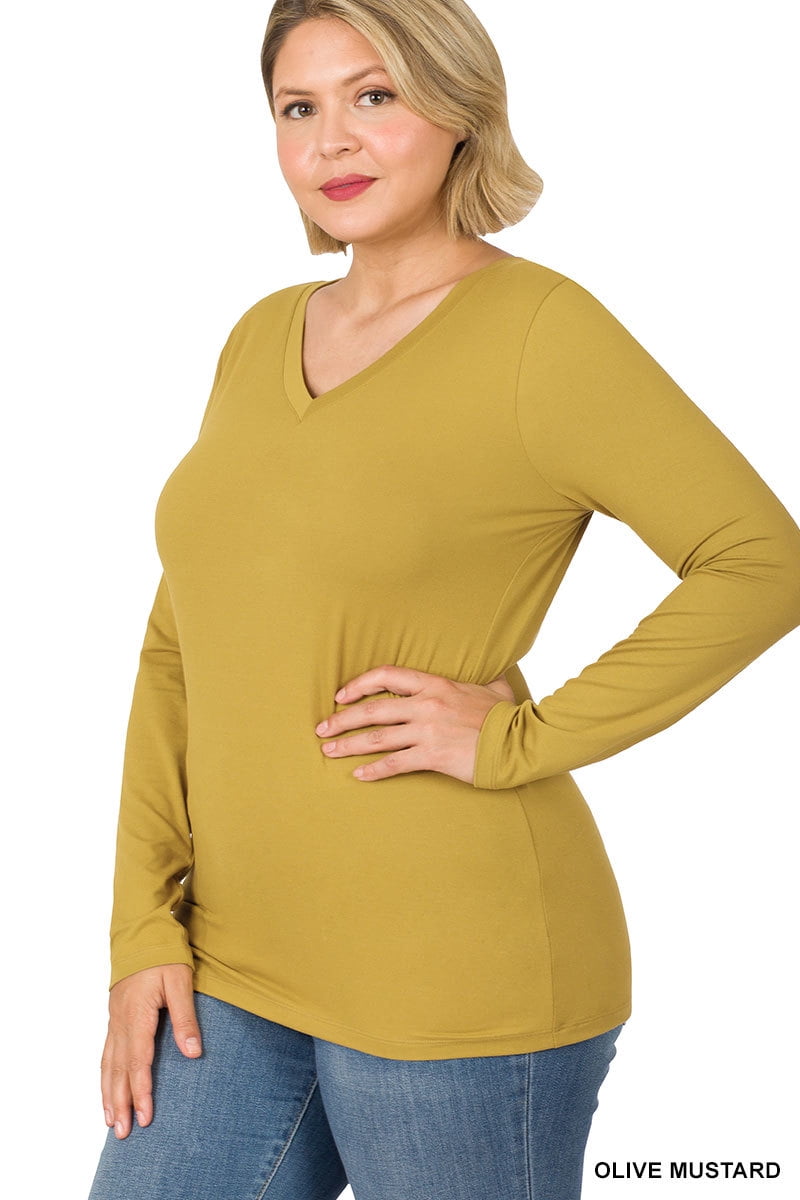Zenana Plus Size Brushed Microfiber V-Neck Long Sleeve Lightweight Tee ...