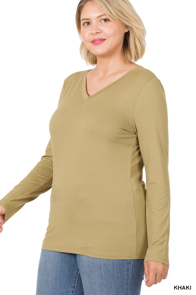 Zenana Plus Size Brushed Microfiber V-Neck Long Sleeve Lightweight Tee ...