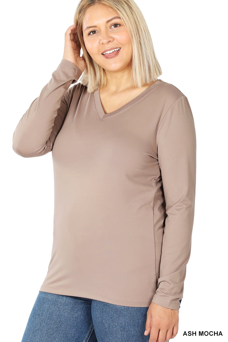 Zenana Plus Size Brushed Microfiber V-Neck Long Sleeve Lightweight Tee ...