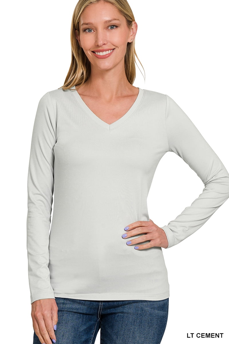 Zenana Plus Size Brushed Microfiber V-Neck Long Sleeve Lightweight Tee ...