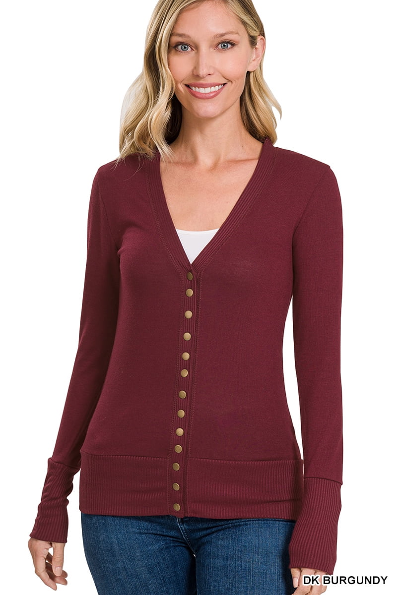 Zenana Plus Size Classic Front V-Neck Thin Snap Button Down Long Sleeve ...